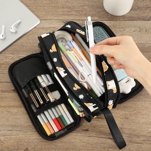 Fustylead Cute Cartoon Shiba Inu Dog and White Daisy Flower Large Pencil Bag Storage Pen Case Makeup Pouch Stationery Bag for School College Office Organizer