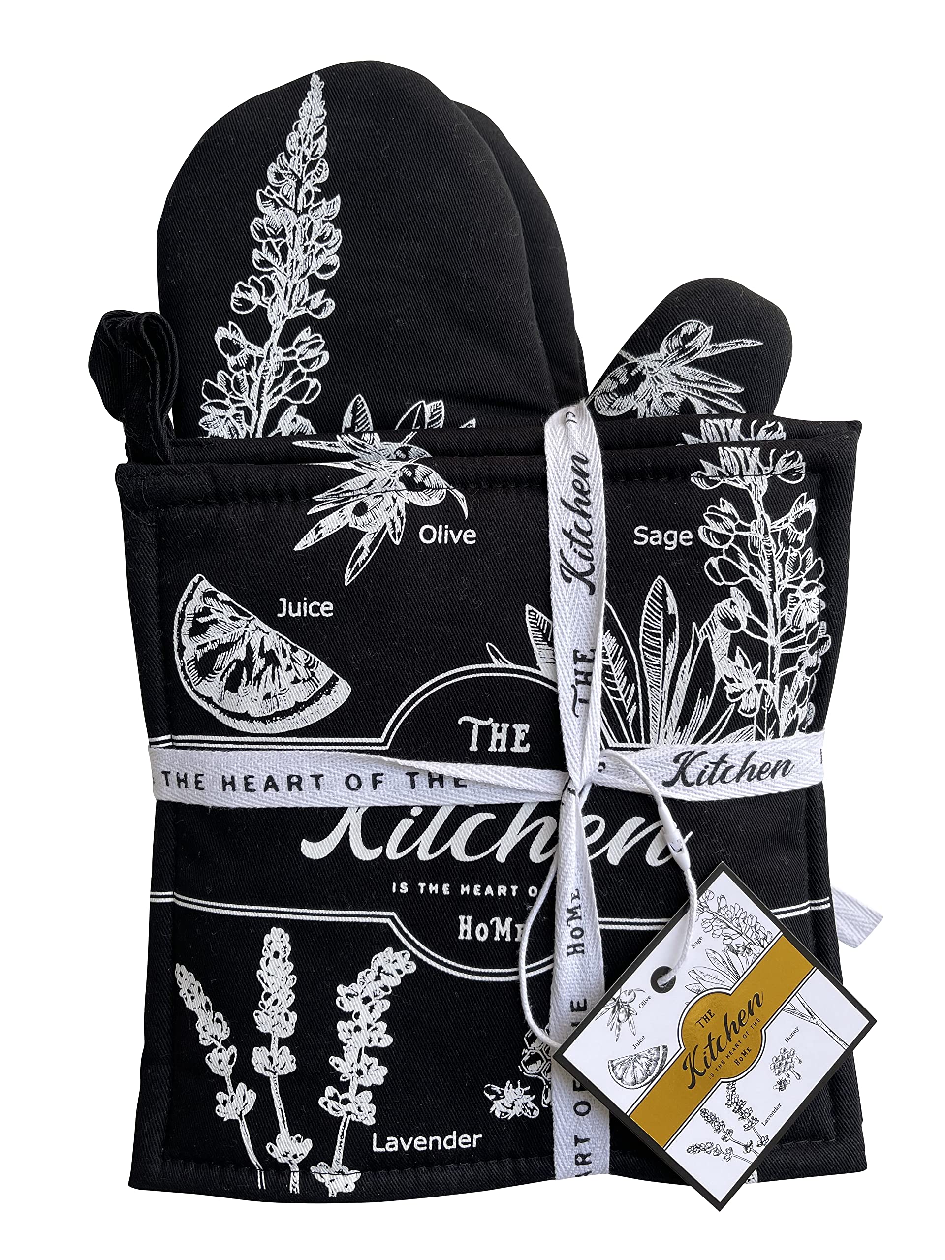 Black Oven Mitts Pot Holders 4-Pack Gift Set
