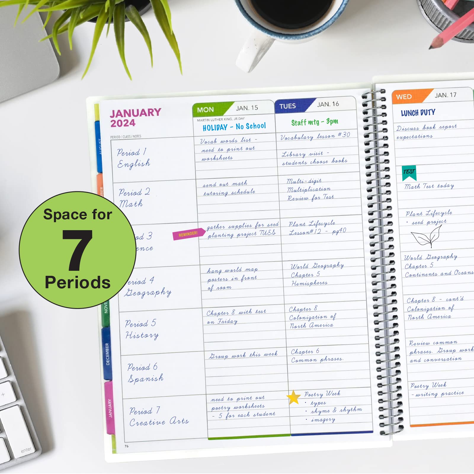 Aug 2023-Jul 2024 Lite Teacher Lesson Planner Notebook 8.5x11 Daily Weekly Monthly Organizers - Includes 7 Periods, Dated Calendar, Page Tabs, Bookmark, and Planning Stickers