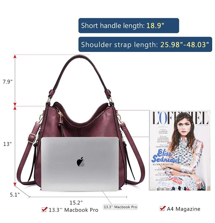 Handbags for Women Large Designer Ladies Hobo bag Bucket Purse Faux Leather (Wine)
