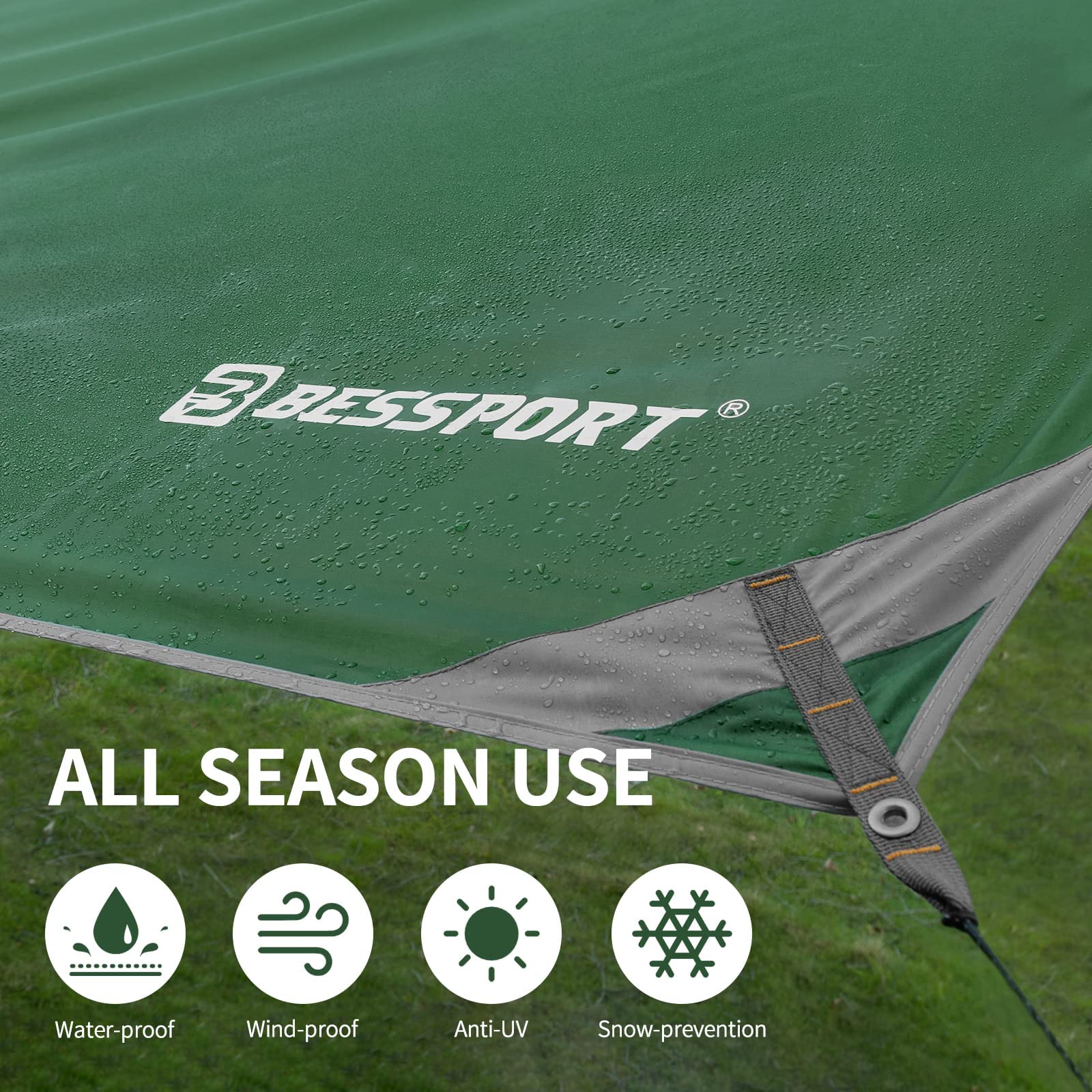 Bessport Tent Tarp Hammock Rain Fly Waterproof PU 3000mm-UV Protection, Lightweight Ripstop Fabric Camping Gear Essential Shelter Canopy- Fast Set Up (10 x 10ft Square Shape)