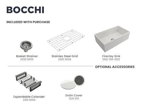 BOCCHI Contempo Farmhouse Apron Front Fireclay 33 in. Single Bowl Kitchen Sink with Protective Bottom Grid and Strainer in White
