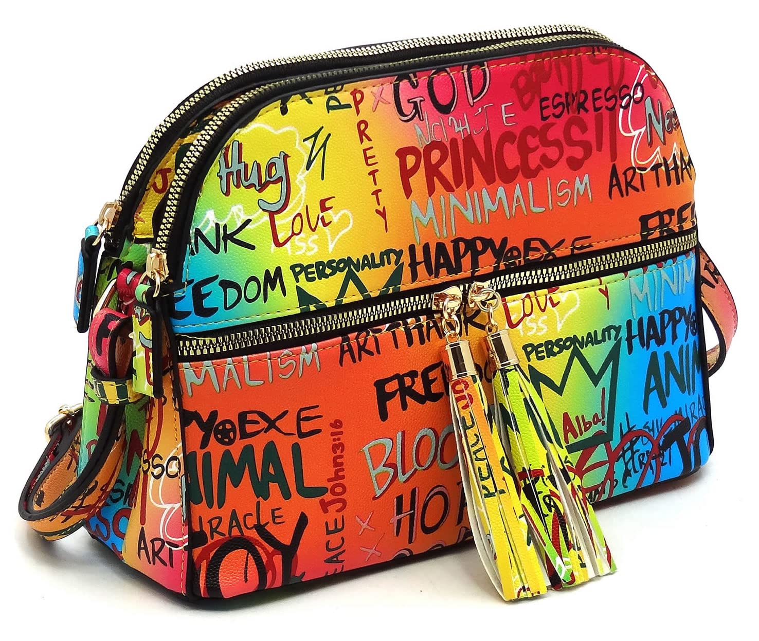 MIZUBA Multi Graffiti Tassel Zipper Crossbody Bag graffiti bags for spray cans graffiti art bag graffiti bags and purses (Blue/fuchsia)