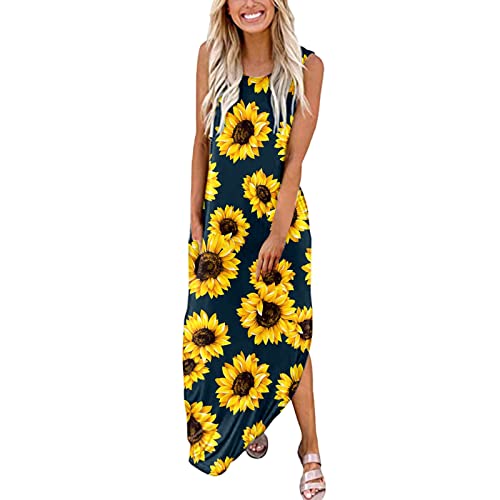 Bodycon Women Summer Spring Maxi Dress O Neck Sleeveless Split Long Boho Pockets Beach Tank Night Side Slit Yellow