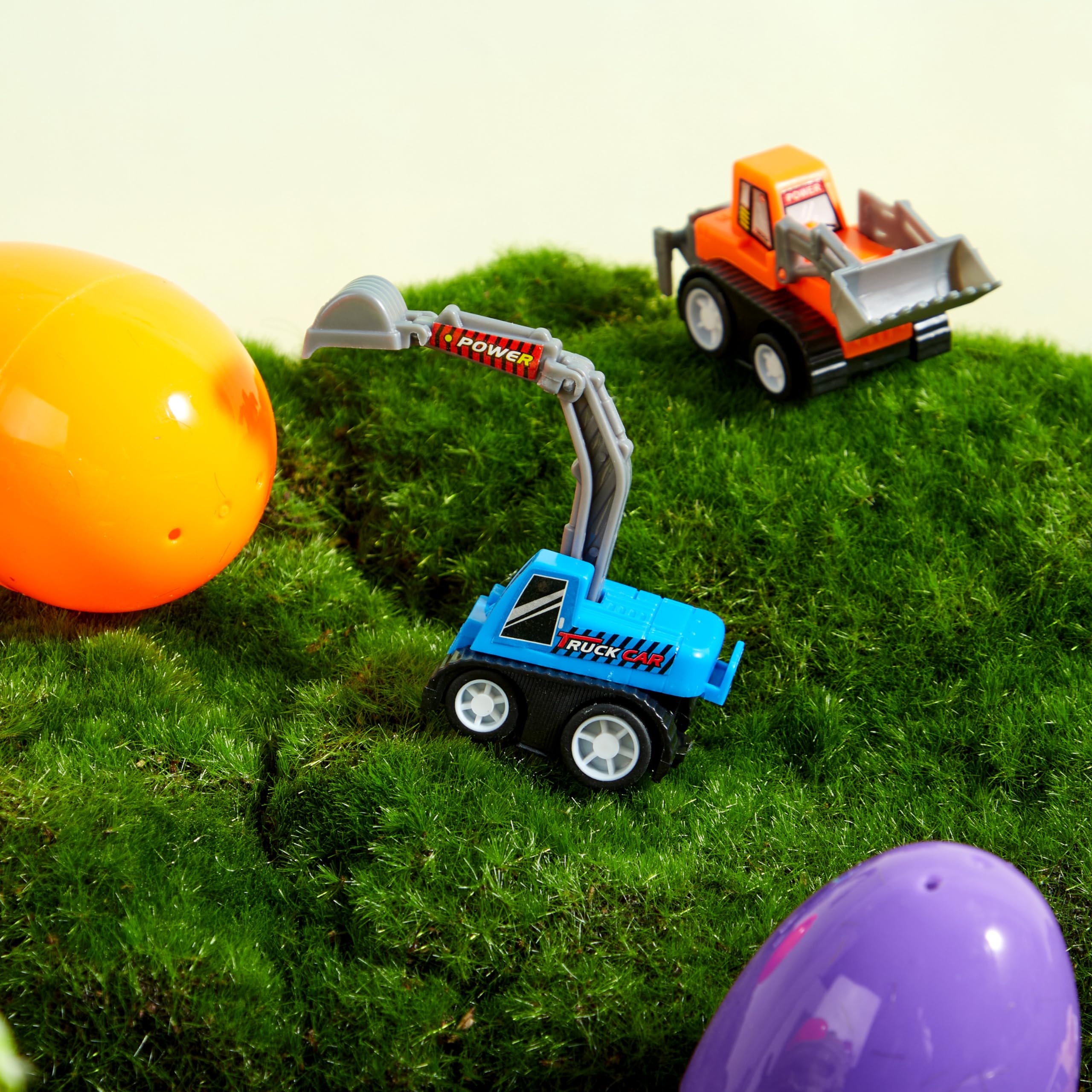 JOYIN 12 Pcs Filled Easter Eggs with Toy Cars, Colorful Prefilled Pull Back Construction Vehicle and Race Car for Kids Boys Hunt, Basket Stuffers, Party Favors