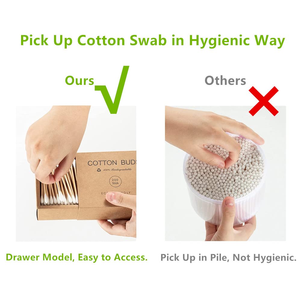 Bamboo Cotton Swabs, 200 Count Wooden Cotton Buds, Eco-Friendly Double Tips, Plastic Free Ear Sticks, 100% Natural Cotton Swabs—Kraft Paper Box (Drawer Box)