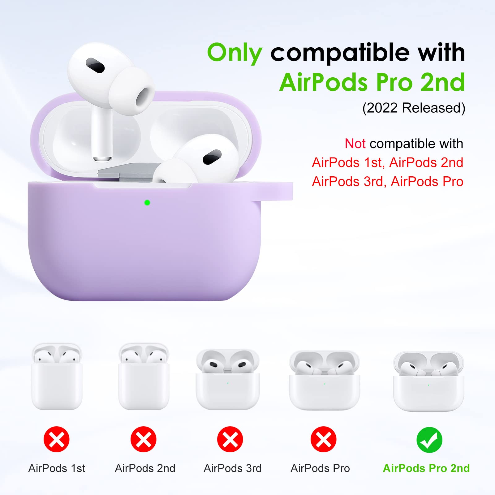 Case Cover for Airpods Pro 2nd Generation Charging Case 2022, Soft Silicone Protective Case with Keychain and Cute Puff Pom Pom Ball Kit Front LED Visible (Lavender Purple)