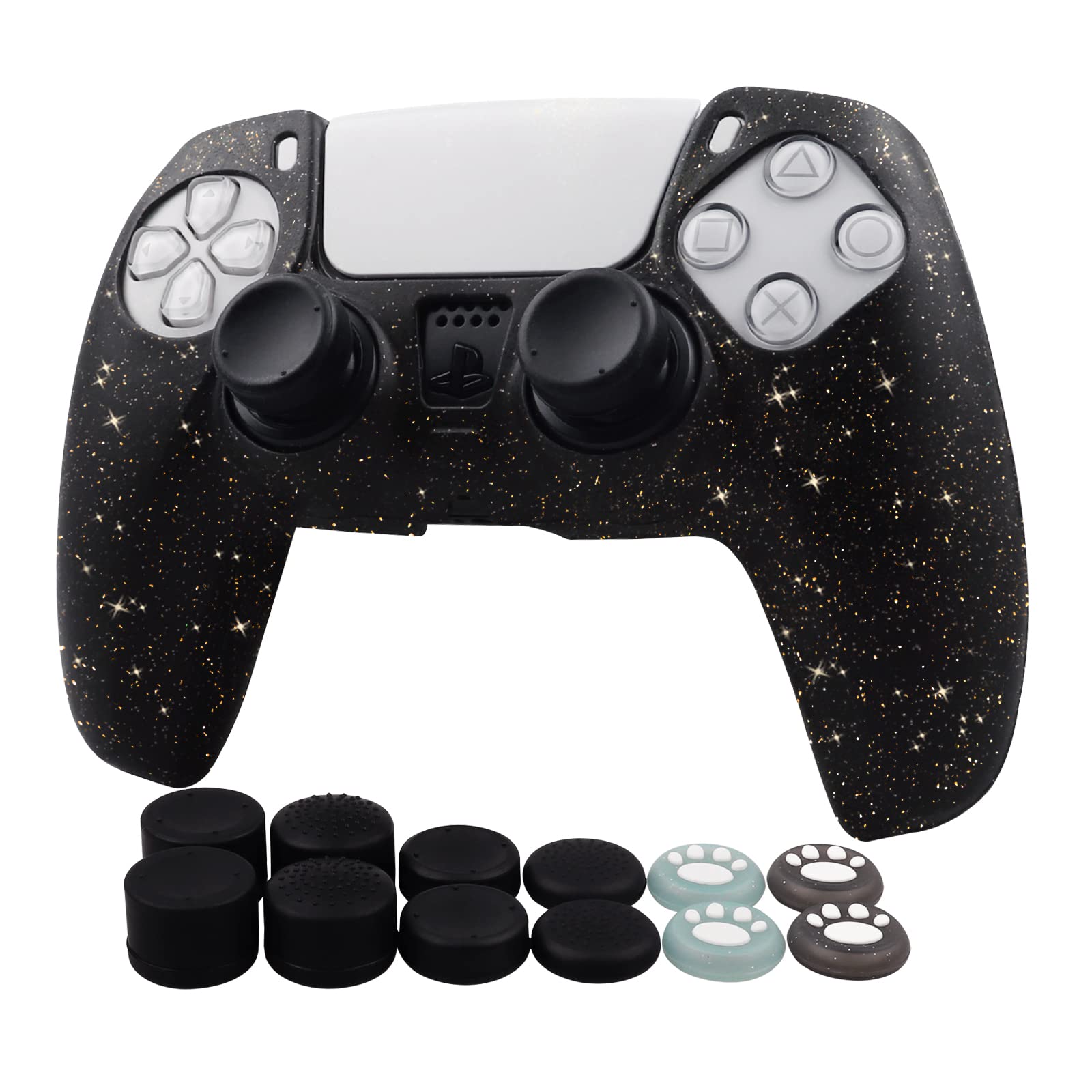 RALAN Controller Skin for PS5 Glitter Anti-Slip Silicone Cover Protector Case Compatible with PS5 Wireless/Wired Gamepad Controller with 4 Cat Paw Thumb Grip Caps & Black Pro Thumb Grip x 8.
