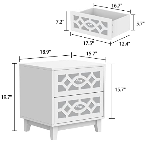 DiDuGo Nightstand with 2 Mirrored Drawers Set of 2, Wood End Table Bedside Table with Storage, Contemporary Style, Wooden Legs, for Bedroom White (18.9”W x 15.7”D x 19.7”H)