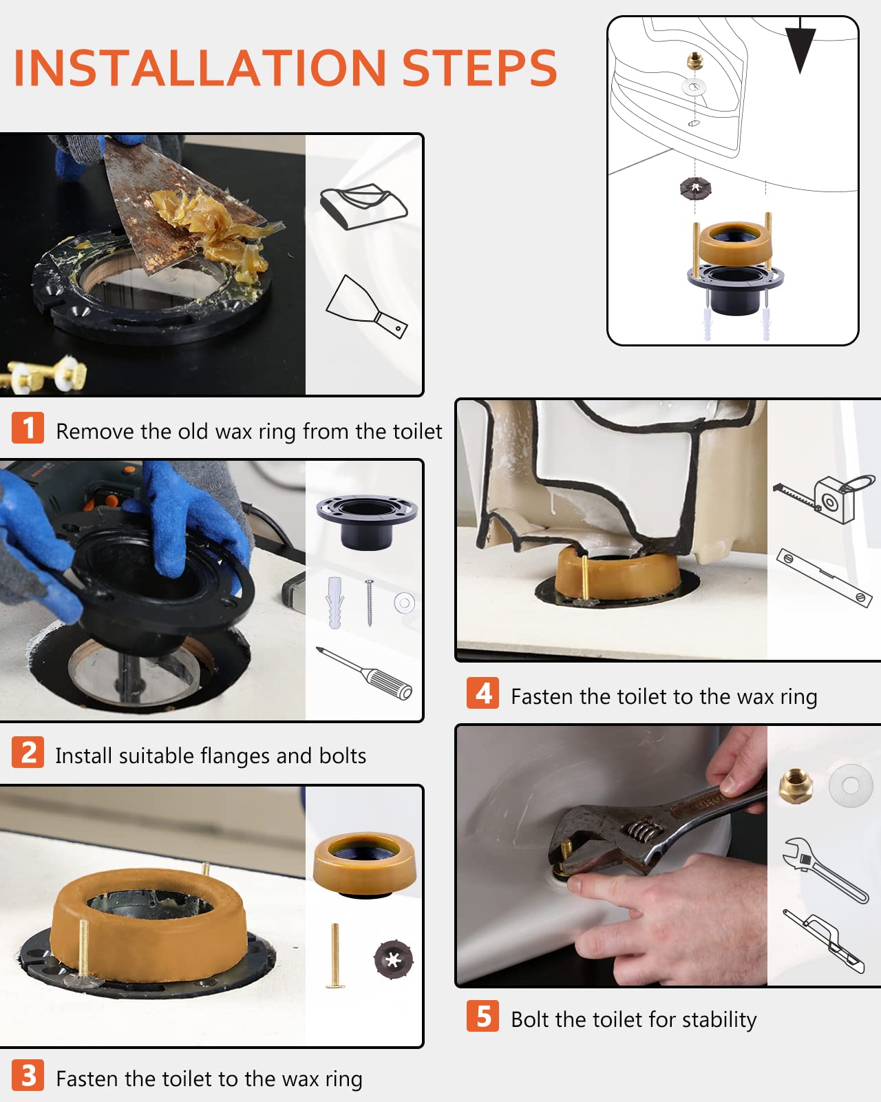 boeemi Toilet Flanges and Wax Rings for Toilets with Extended Flanges and Extra Thick Wax Rings for Floor Exit Toilets New Installation or Reinstallation 4" Waste Line for Plumbing Below Floor
