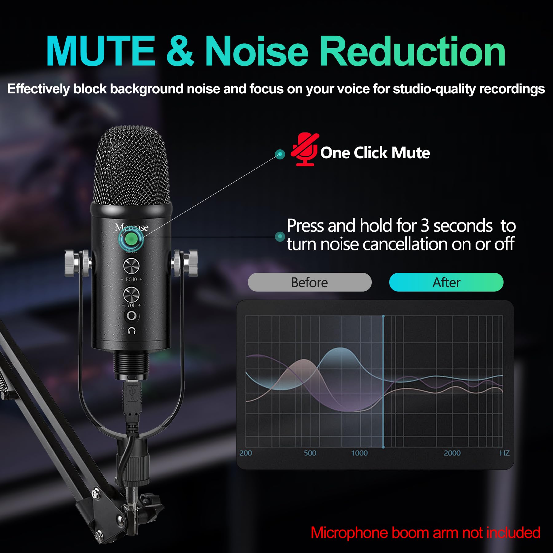 Mercase USB Condenser Microphone for Podcasting, Streaming, Recording on Phone, PC, Mac, PS4/PS5,Plug & Play, Quick Mute, with Adjustable Boom Arm Stand