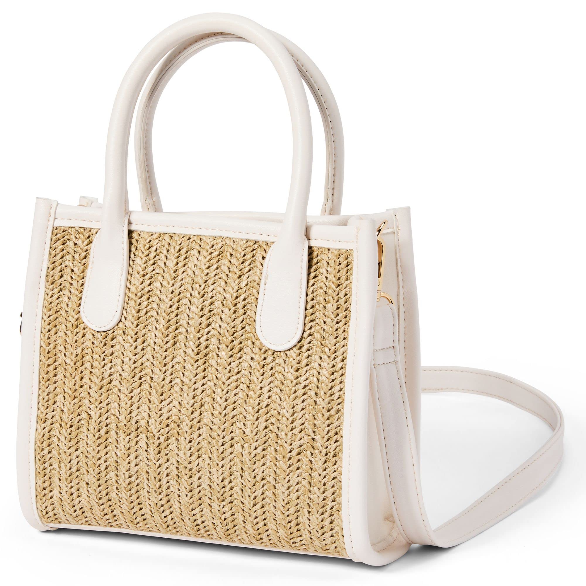 Like Dreams Women Fashion Crossbody Woven Straw Inner Polka Vegan Leather Summer Top Handle Purse (Ivory)