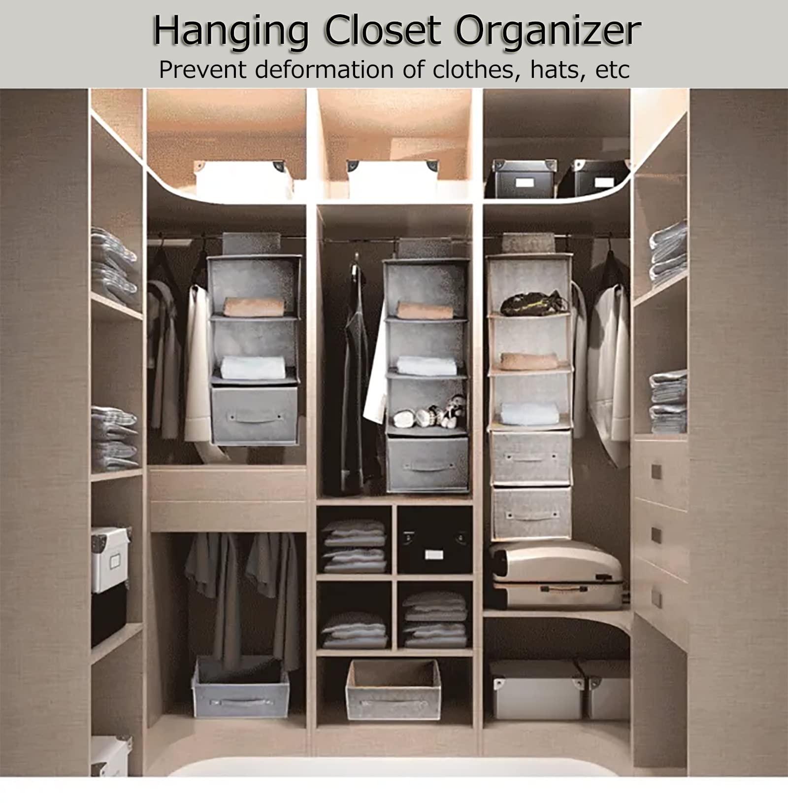 Hanging Closet Organizer with Drawer,Easy Mount Foldable 3-Shelf Closet Hanging Storage Shelves for Clothes Handbag Shoes Accessories Storage,Space Saver,Gray
