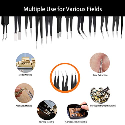 BOENFU Precision Tweezer Set Anti-Static ESD Needle Nose Tweezers for Craft, Soldering, Jewelry, Ingrown, Eyelash, Electronics, 12-PCS