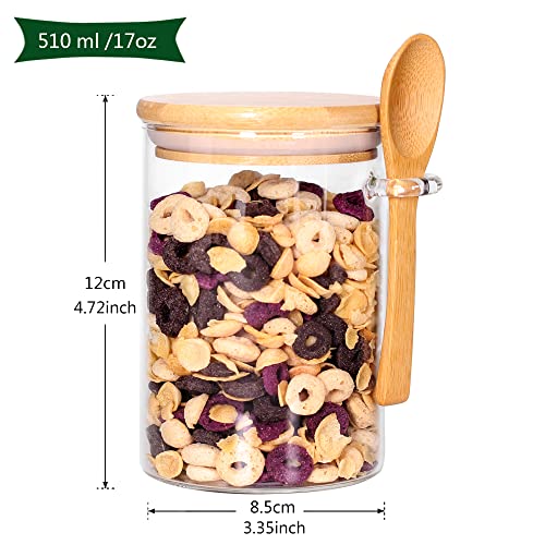 CZFWin Glass Jars with Bamboo Lids and Wooden Spoons Set of 4, Coffee Tea Sugar Container Set for Loose Tea Canister Storage, Overnight Oats Containers with Scoop for Seasoning, Coffee, Yogurt