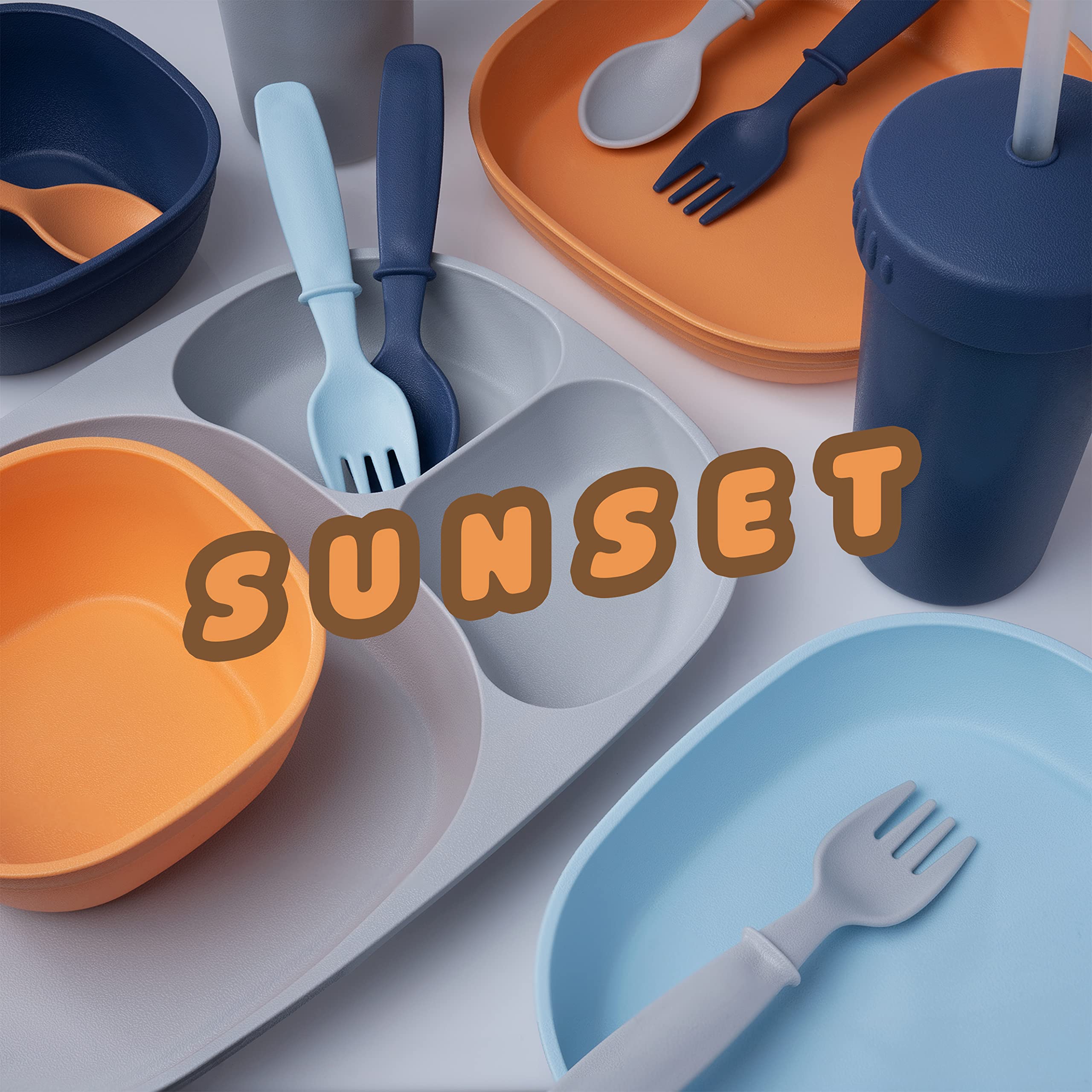 MightyMoe Kid’s Dinnerware Set - 28 Pieces, 4 Place Settings - Sunset Color Set - Tough Tableware for Toddlers - Made in the USA - Dishwasher and Microwave Safe - BPA Free and Shatter Resistant