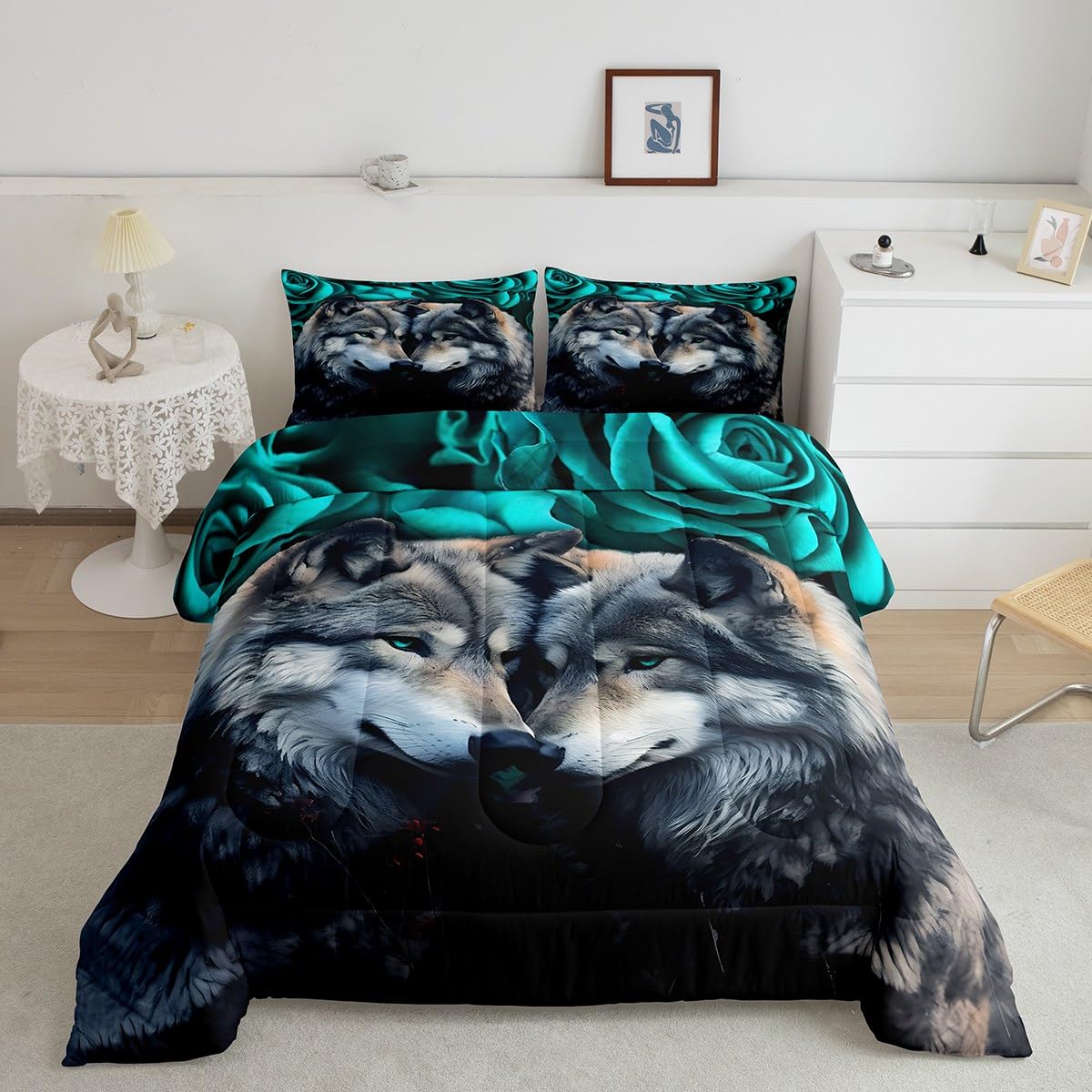 Feelyou Girls Wolf Bedding Set Wolves Rose Wild Animal Comforter for Women Teens Kids Safari Wildlife Floral Comforter Cover 3D Print Duvet Set Teal Bedroom Decor Bedding 3Pcs Queen Size