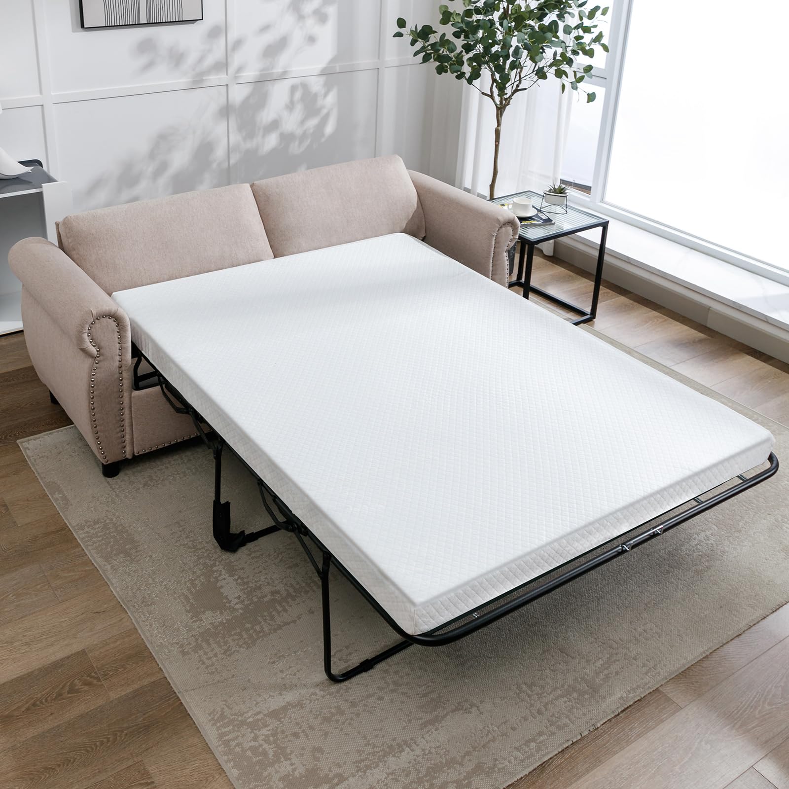 BALUS Queen Size 2-in-1 Pull Out Sofa Bed | Upholstered 2 Seat Memory Sponge Mattress Sofa | Convertible Couch Bed with Mattress | Sleeper Sofa Couch for Living Room Apartment Office - Beige