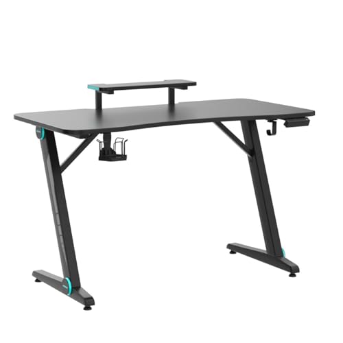 JOY worker RGB Gaming Desk 47 Inch with Led Lights, Music Sync Computer Gamer Desk, Carbon Fiber Surface PC Gaming Desk with Monitor Stand, Ergonomic Z Shaped Gaming Table with Plug Board Holder,Black