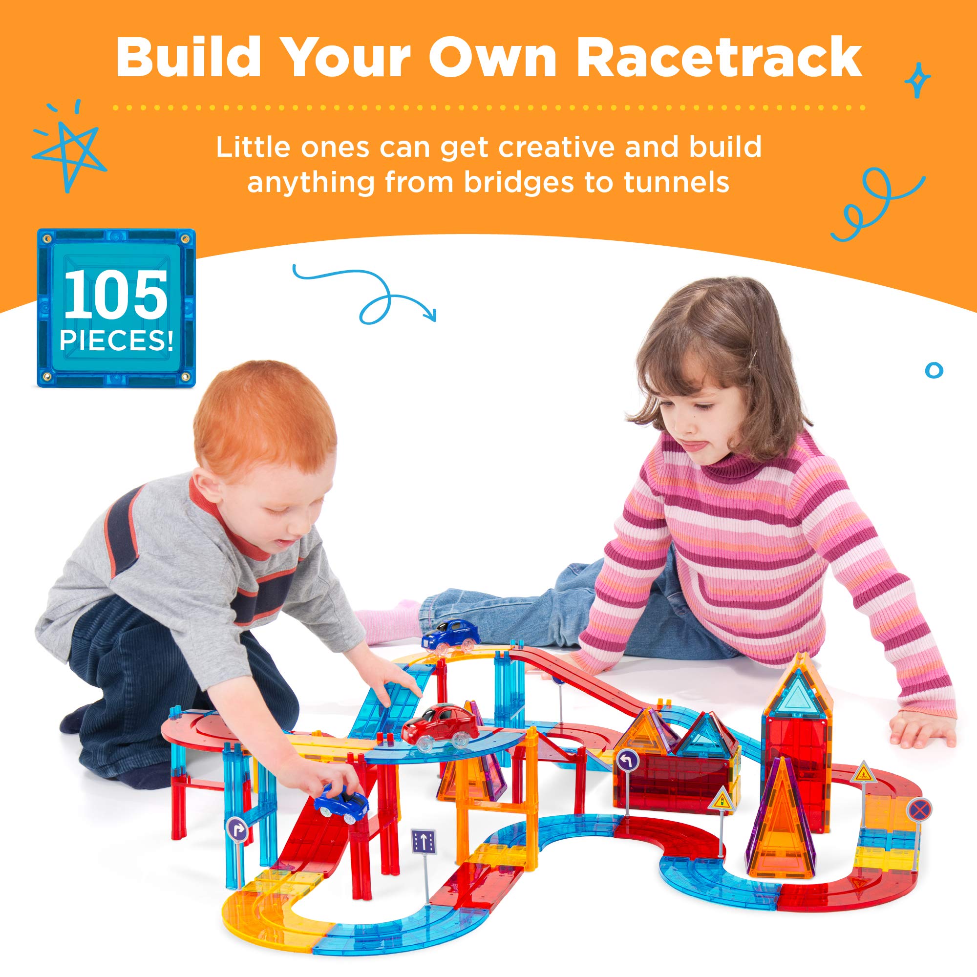 Best Choice Products 105-Piece Kids Magnetic Building Tiles Set, Racetrack Construction Blocks Educational STEM DIY Toy Playset for Learning, Motor Skill Training w/Light Up Car