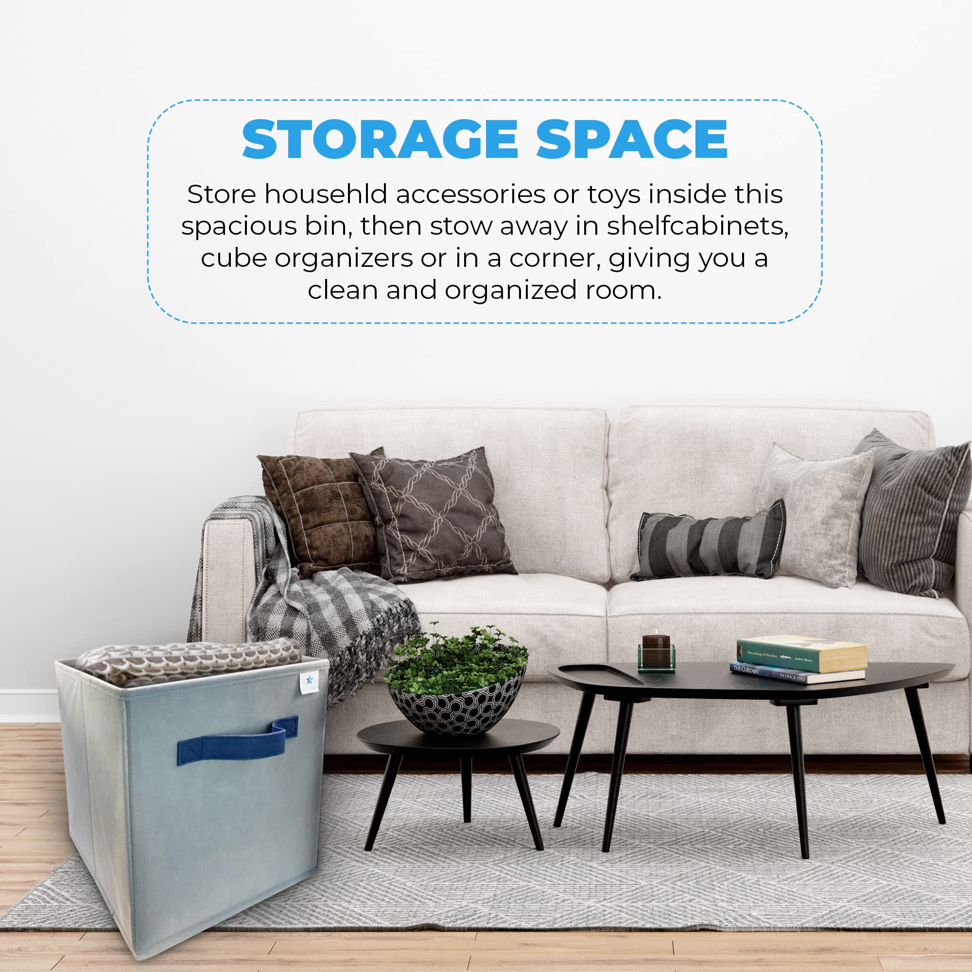 Blue Star Collapsible cube storage organizer, Fabric storage Bins, Set of 6, cubby storage bins for shelves, Foldable, for Clothes, Gray with Blue Handle, cube storage bin