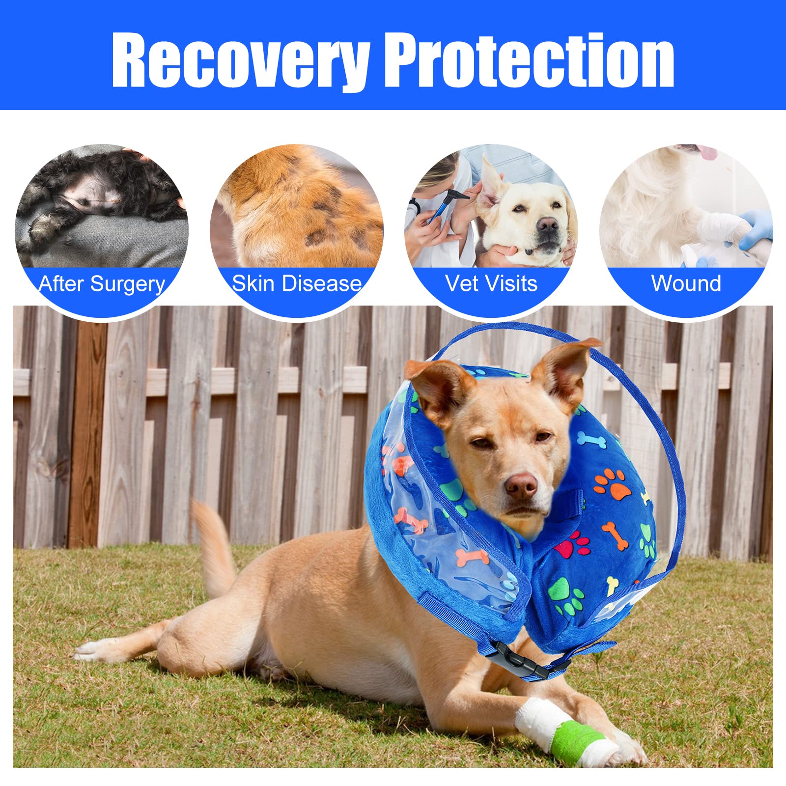 Crazy Felix Dog Cone, Inflatable Dog Cone for Small, Medium, and Large Dogs, Soft Cone for Dogs After Surgery with Adjustable Buckle and Cute Pattern to Stop Licking and Biting Wounds(Grey, L)