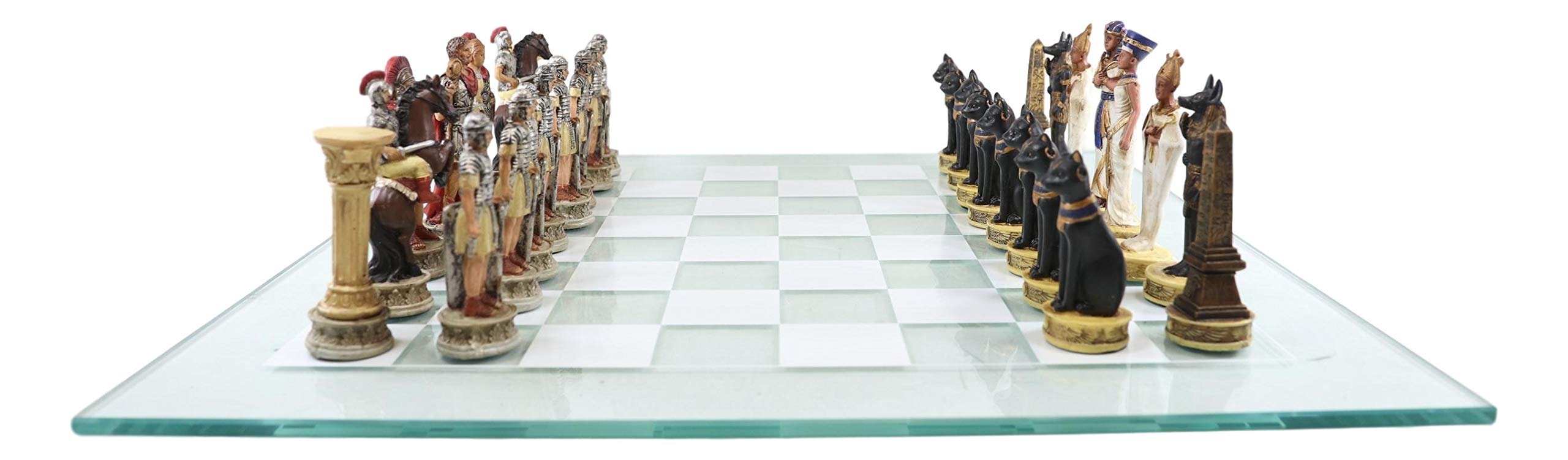 Ebros Gift Historical Themed Chess Set Egyptian Ptolemaic Pharaoh Army VS Augustus Caesar Roman Empire Centurions Resin Sculpted Chess Pieces with Checker Frosted Glass Board Gaming Set