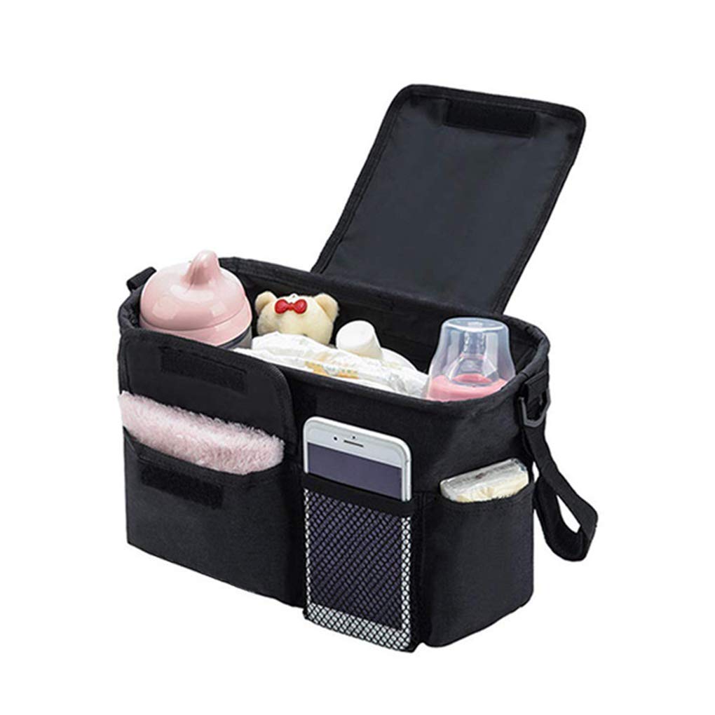 Baby Stroller Organizer, Universal Stroller Storage Bag with Insulated Cup Holders - Detachable Shoulder Strap, Stroller Accessory for Smart Moms,Compact Design Fit All Strollers(Black)