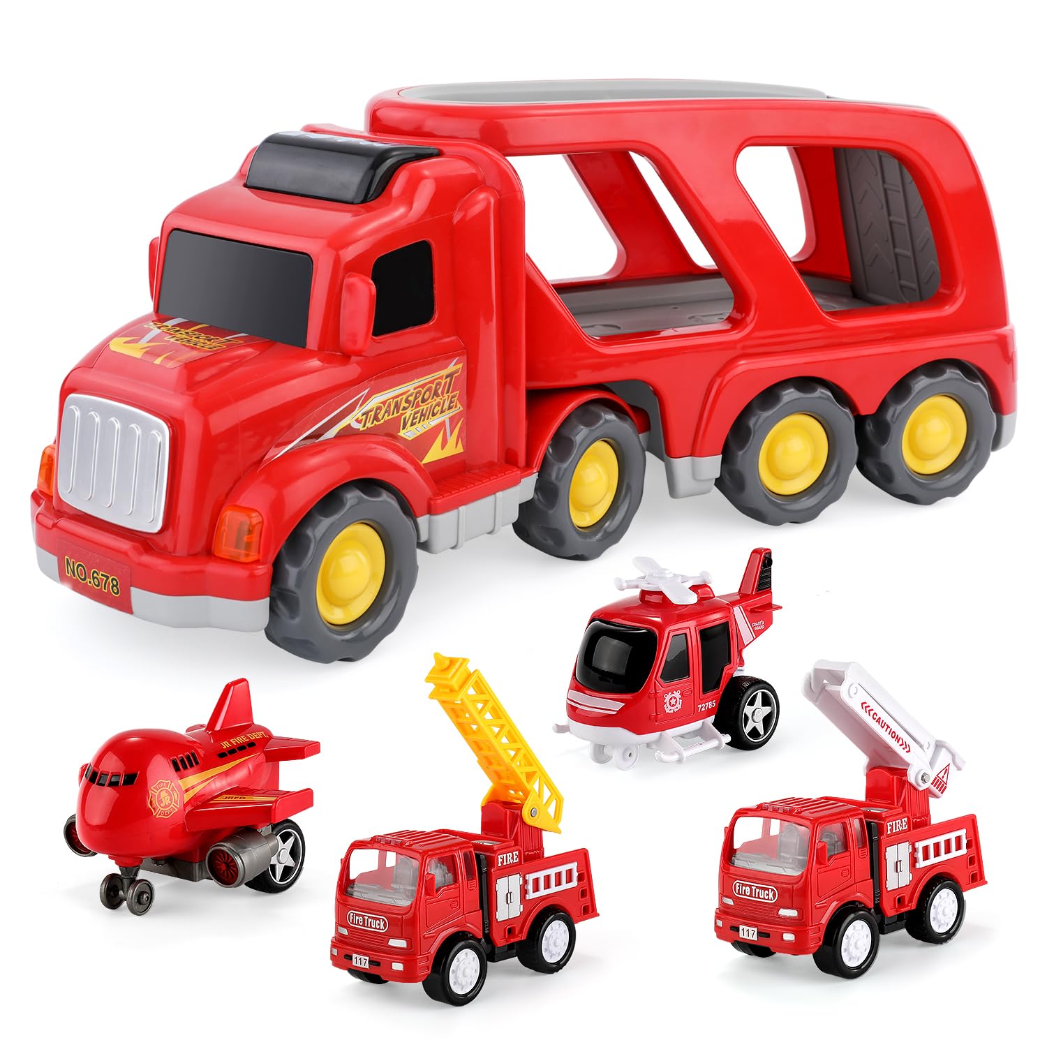 DomiBag Fire Truck Toys for 3 4 5 Years Old Boys Kids Toddlers, Ambulances Vehicles Toy Set, Large Transport Car go Truck, Car Carrier Vehicle Toddler Toys, Christmas Birthday Gifts for Kids