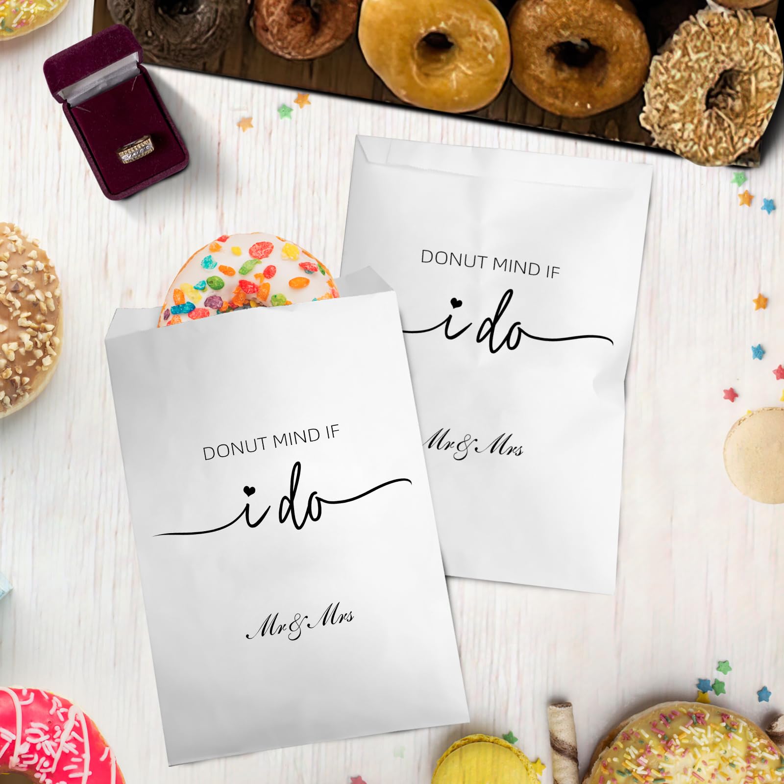 Tyndallrays 48Pcs Donut Mind If I Do Wedding Favor Bags,Donut Favor Goody Snack Treat Grease Resistant Bags for Engagement Wedding Bridal Shower Party Decorations Supplies