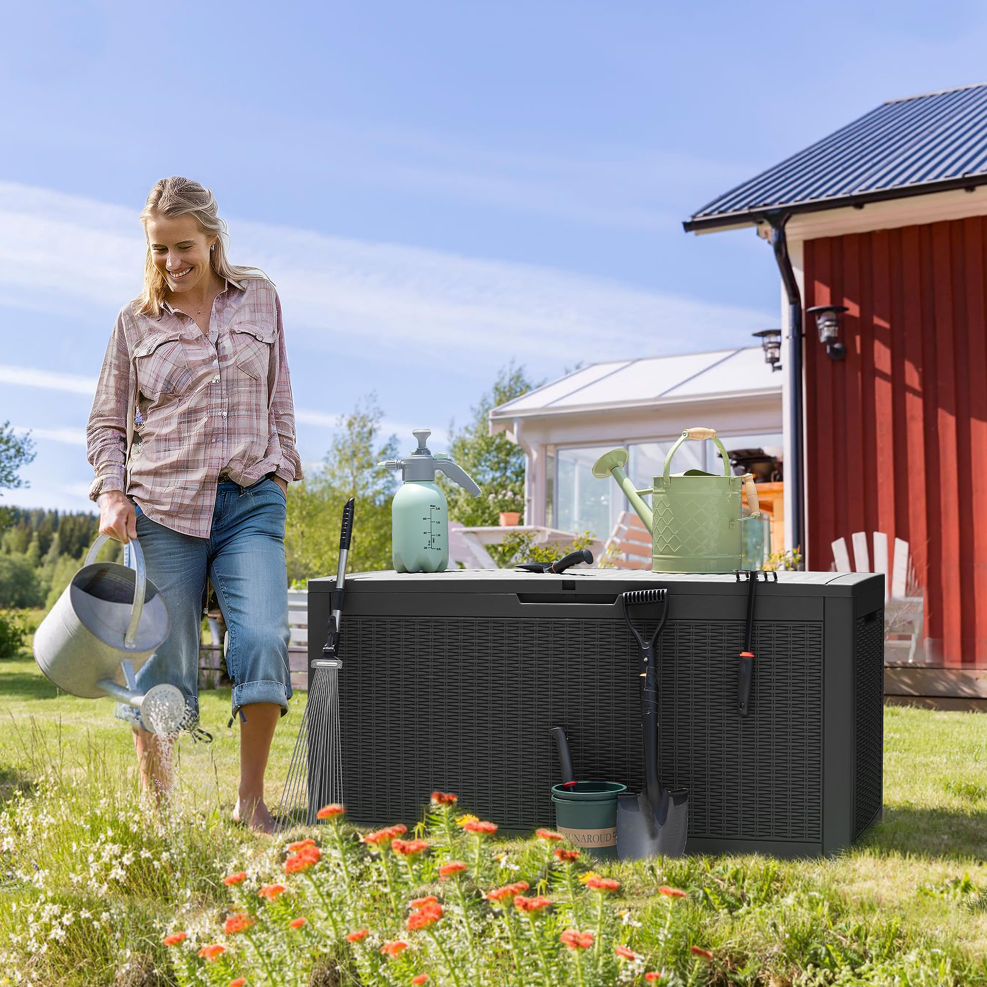 Flamaker 100 Gallon Large Deck Box Waterproof Resin Outdoor Storage for Patio Furniture, Garden Tools, Pool Accessories and Toys (Black)