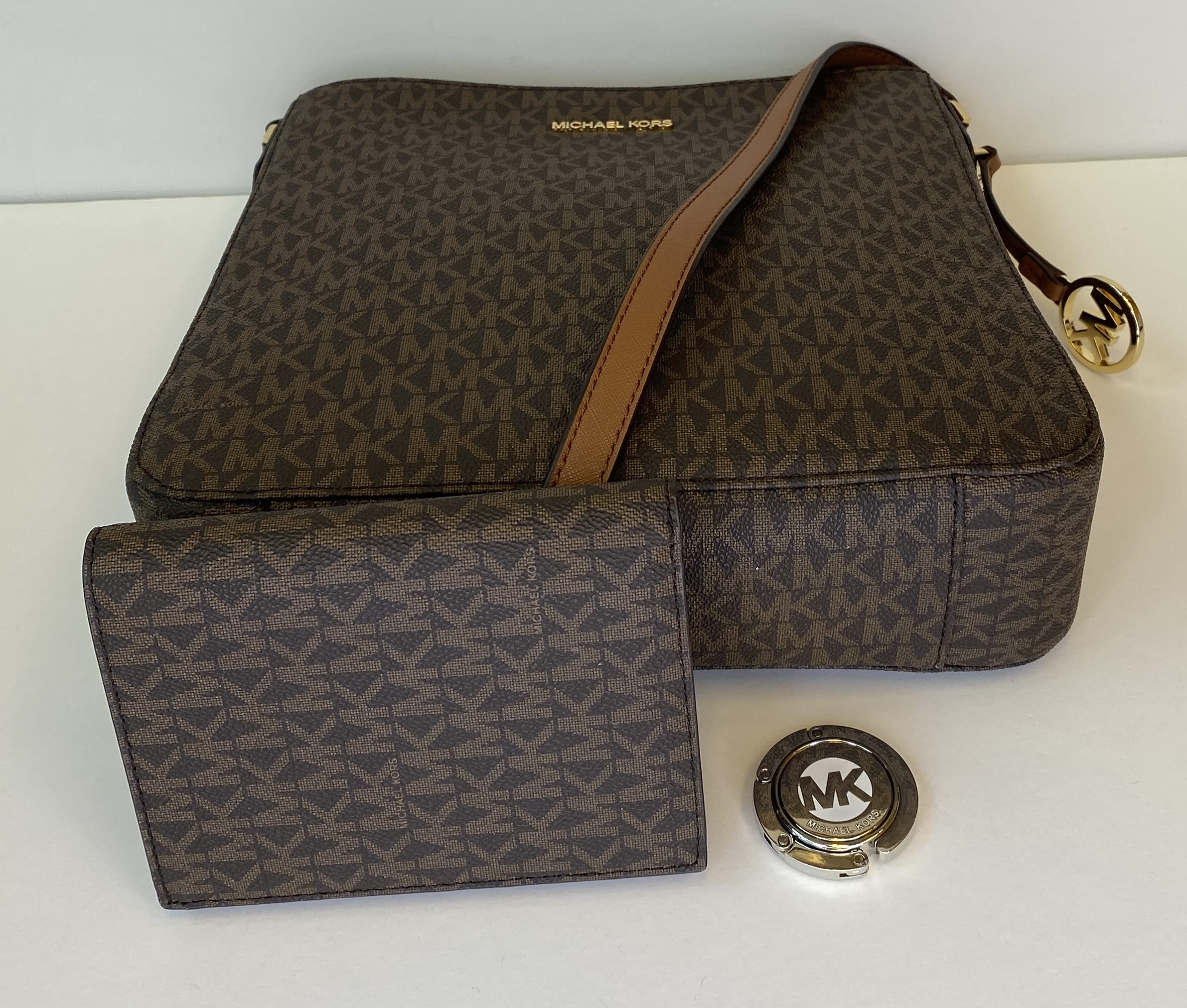 Michael Kors MICHAEL Michael Kors Jet Set Travel Large Messenger Crossbody bundle with Passport Case Purse Hook (Signature MK Brown)