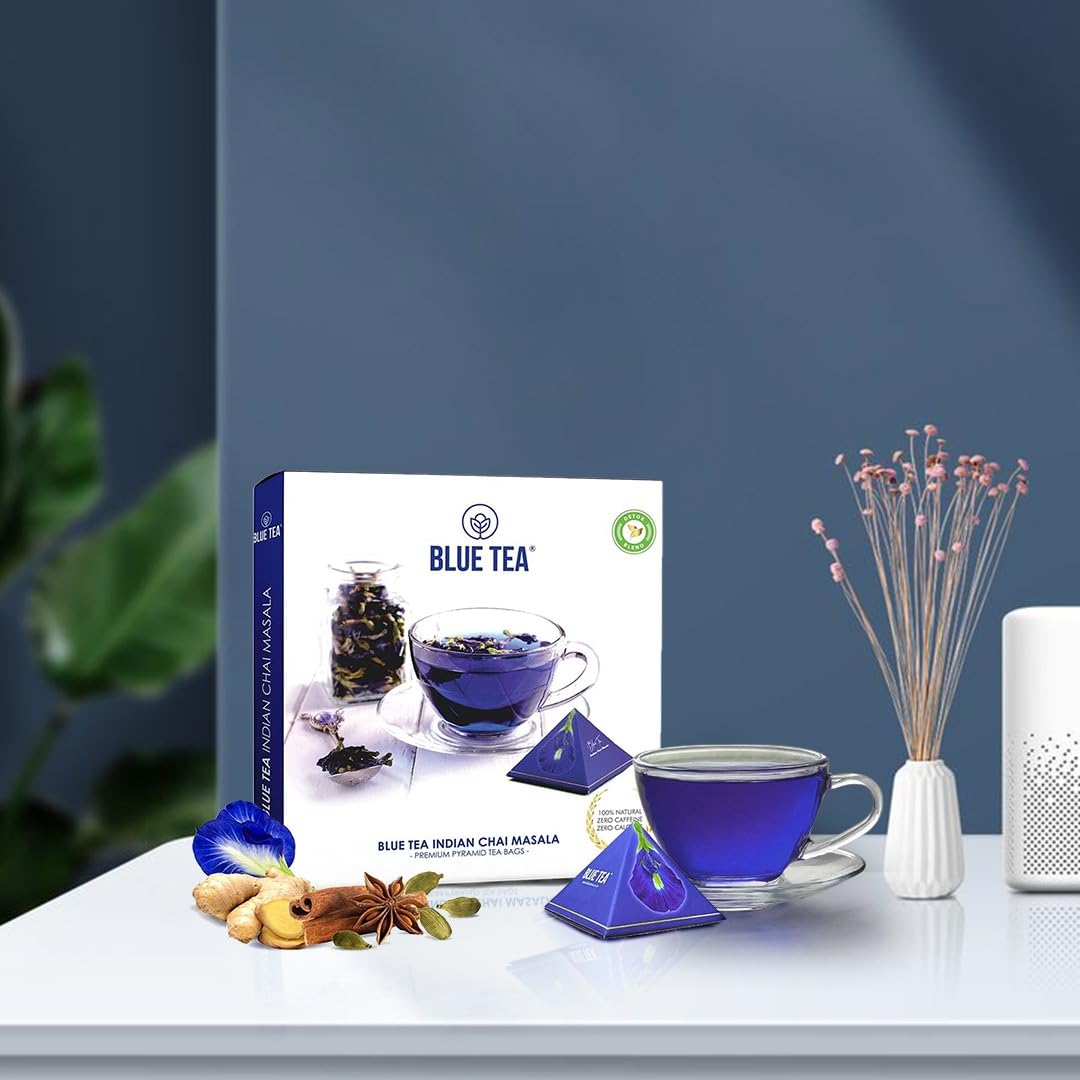 BLUE TEA - Indian Chai Masala - 12 Teabags | Ginger, Cinnamon, Cardamom | Caffeine Free - Gluten Free | Direct From Source - Plant-Based Biodegradable Tea Bag | For Gift - Anniversary, Birthday