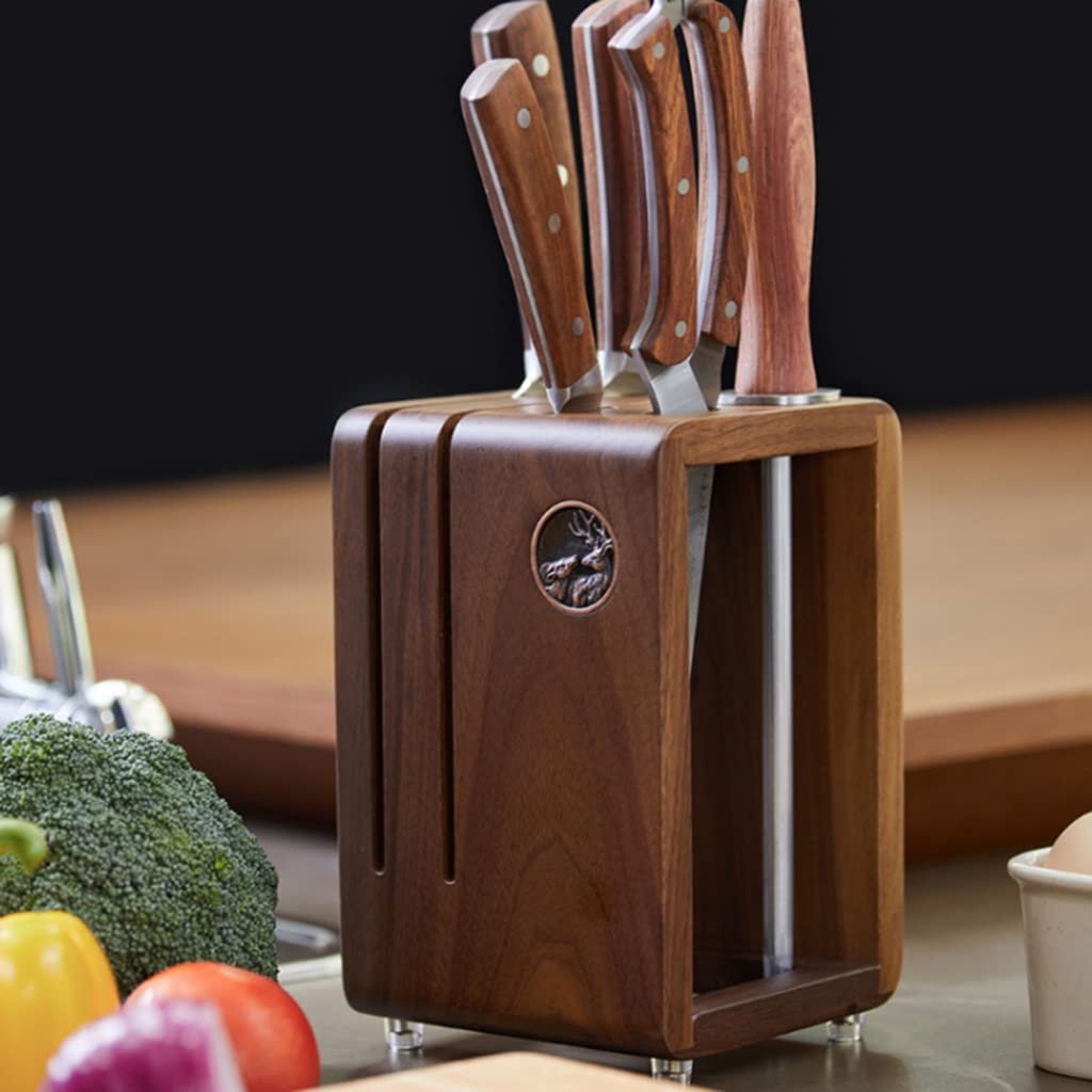 Large Capacity Wooden Knife Block，Household Knife Holder Without Knives Walnut Material，Ventilation Design Countertop Knife Storage Space Saver (Color : Black walnut)
