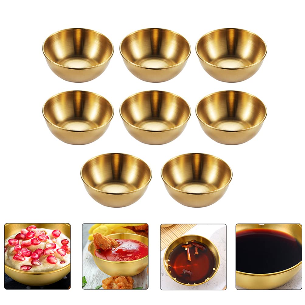 BESTonZON Sauce Dish 8pcs Golden Dipping Bowls, Stainless Steel Dip Soy Sauce Dishes & Bowl, Multipurpose Side Dish for Sauce, Condiments, Sushi, BBQ - Chip and Dip Serving Bowl Set