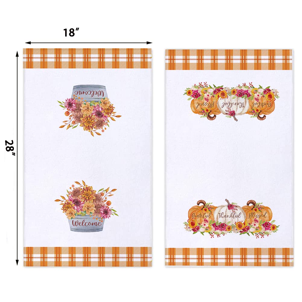 Buffalo Plaid Fall Pumpkin Autumn Flowers Kitchen Dish Towel 18 x 28 Inch Set of 2, Harvest Thanksgiving Holiday Tea Towels Dish Cloth for Cooking Baking