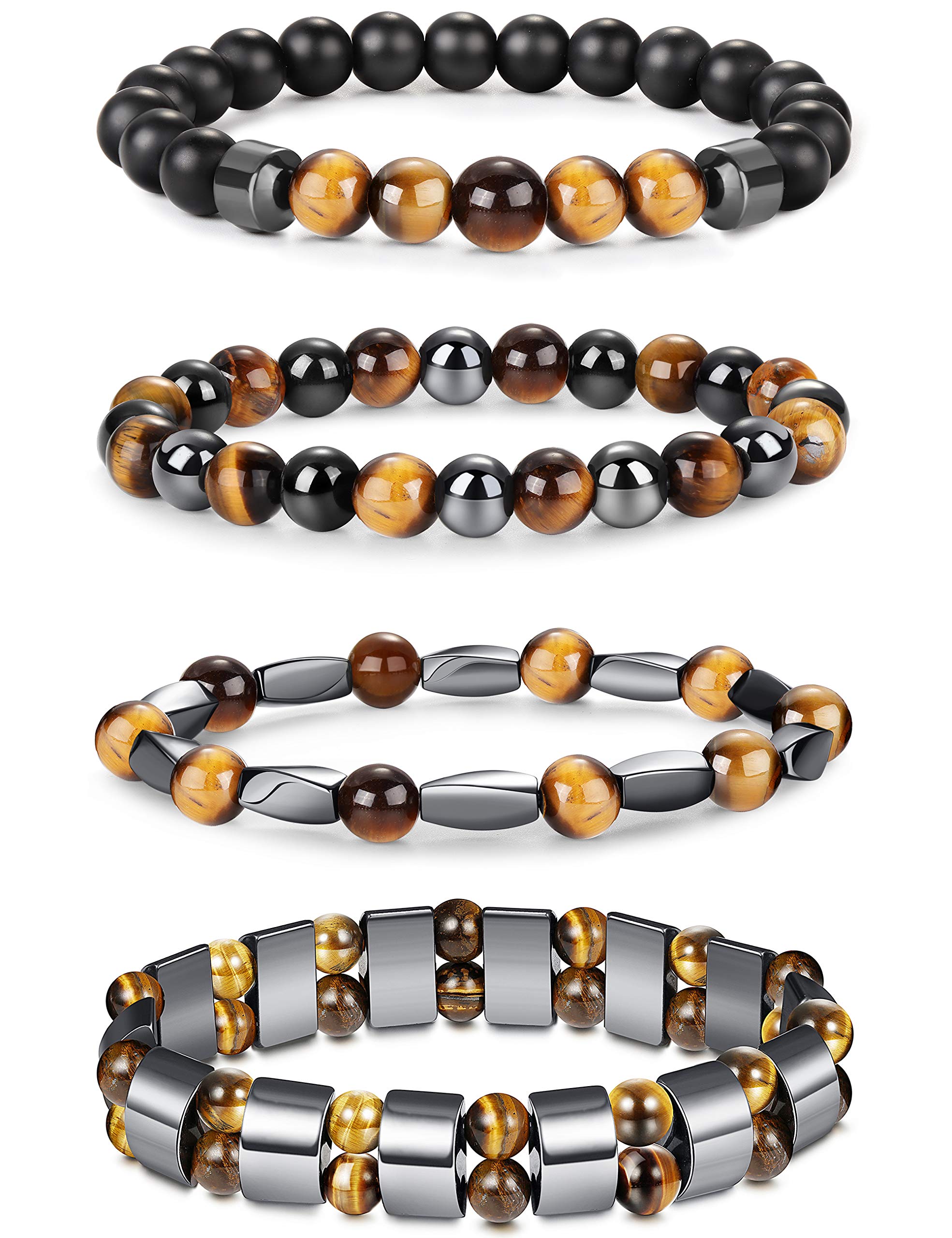 Jstyle 4Pcs Bead Bracelet for Men Women 8mm Tiger Eye Stone Beads Bracelet Elastic Natural Stone Bracelet Bangle