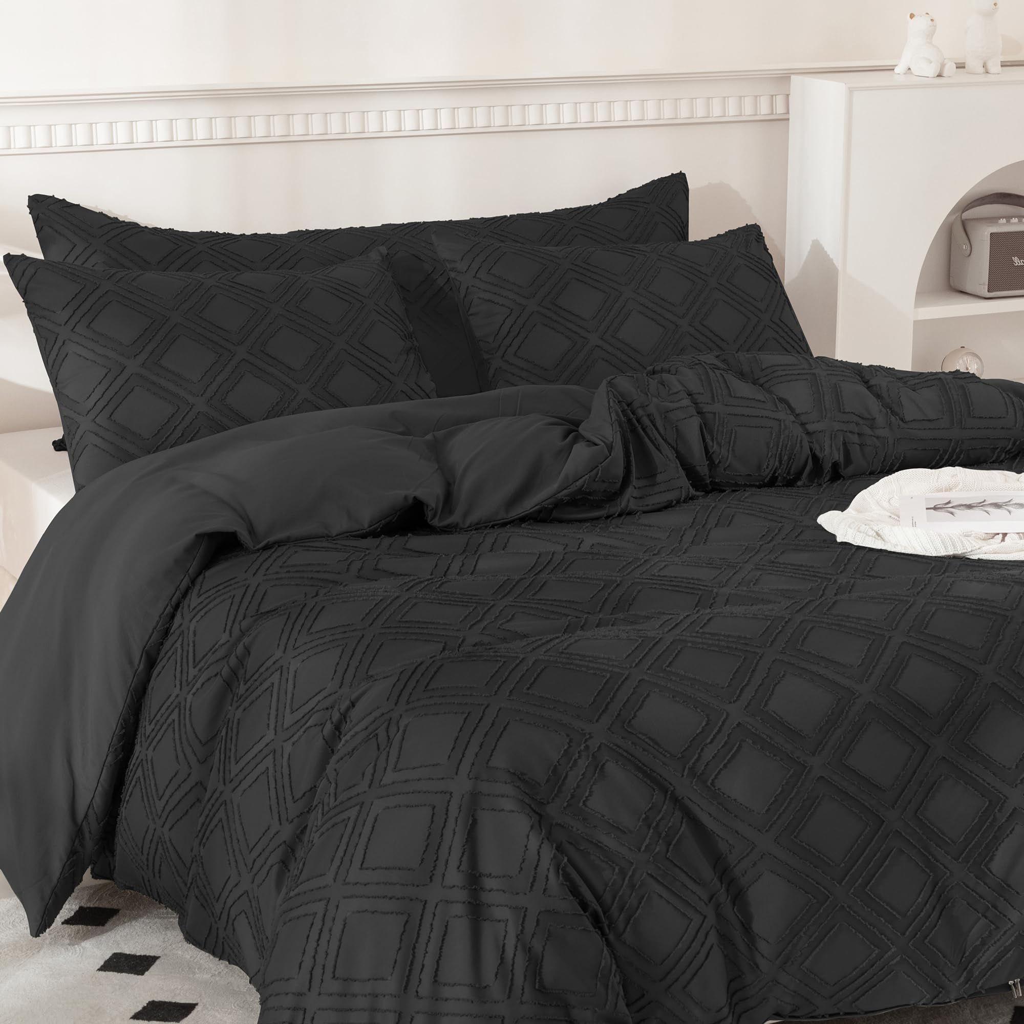 JELLYMONI Duvet Cover Queen Size - Black Microfiber Tufted Duvet Cover Set, Boho Textured Duvet Cover Jacquard Rhombus Geometric Pattern Duvet Cover with Corner Ties & Zipper Closure