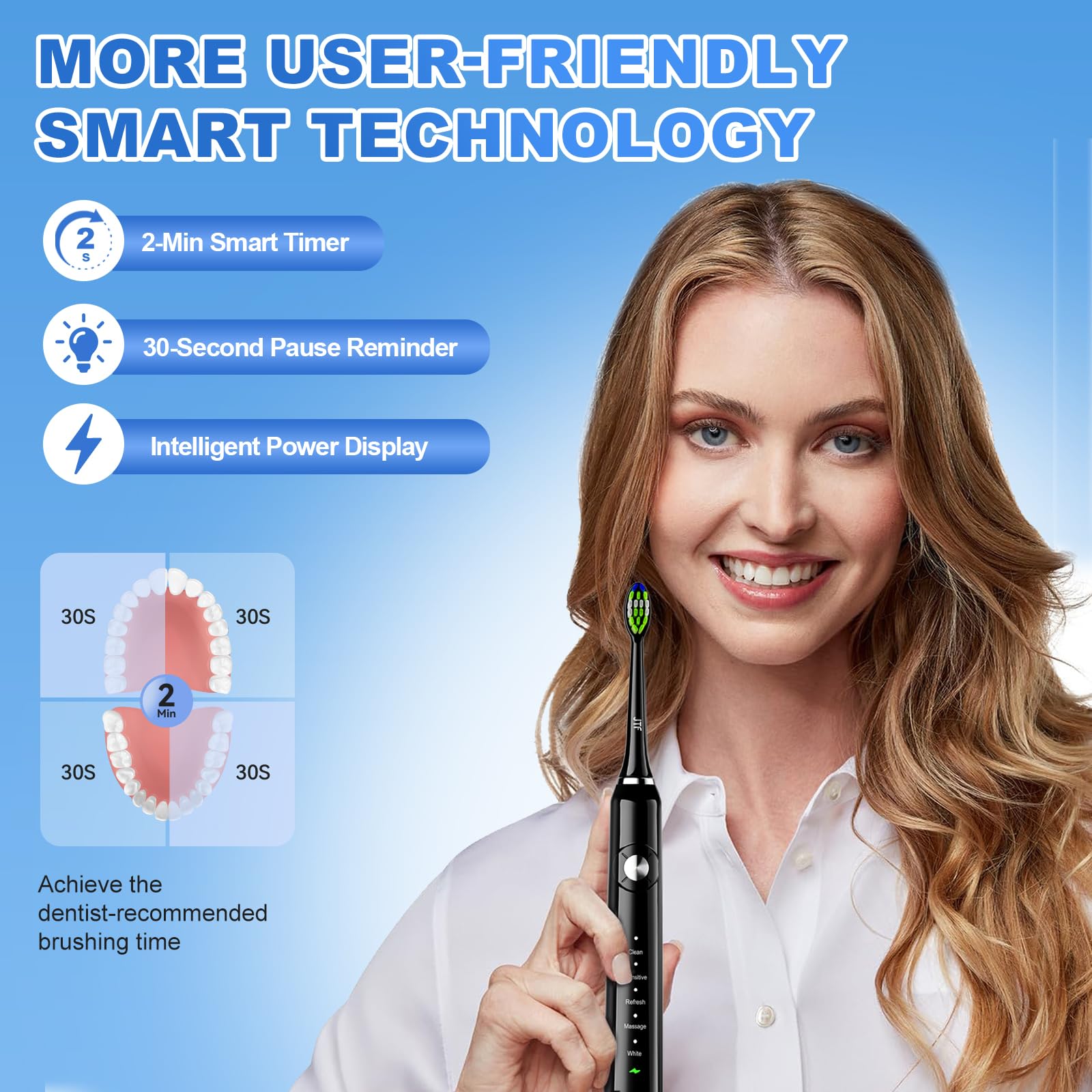 JTF Sonic Electric Toothbrush for Adults - Teeth Whitening Toothbrush with 6 Brush Heads and a Travel Case, Fast Charging for 60 Days Use Waterproof Toothbrushes, Black