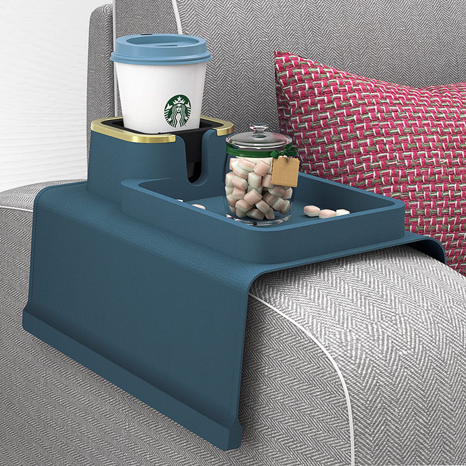 BOUTICOL Couch Tray Sofa Arm Cup Holder Tray Coaster Holder Silicone Anti-Spill and Anti-Slip Armrest Cup Holder Suit for Armchair, Sofa, Recliner, Couch Remote Control and Phone Organizer (Blue)