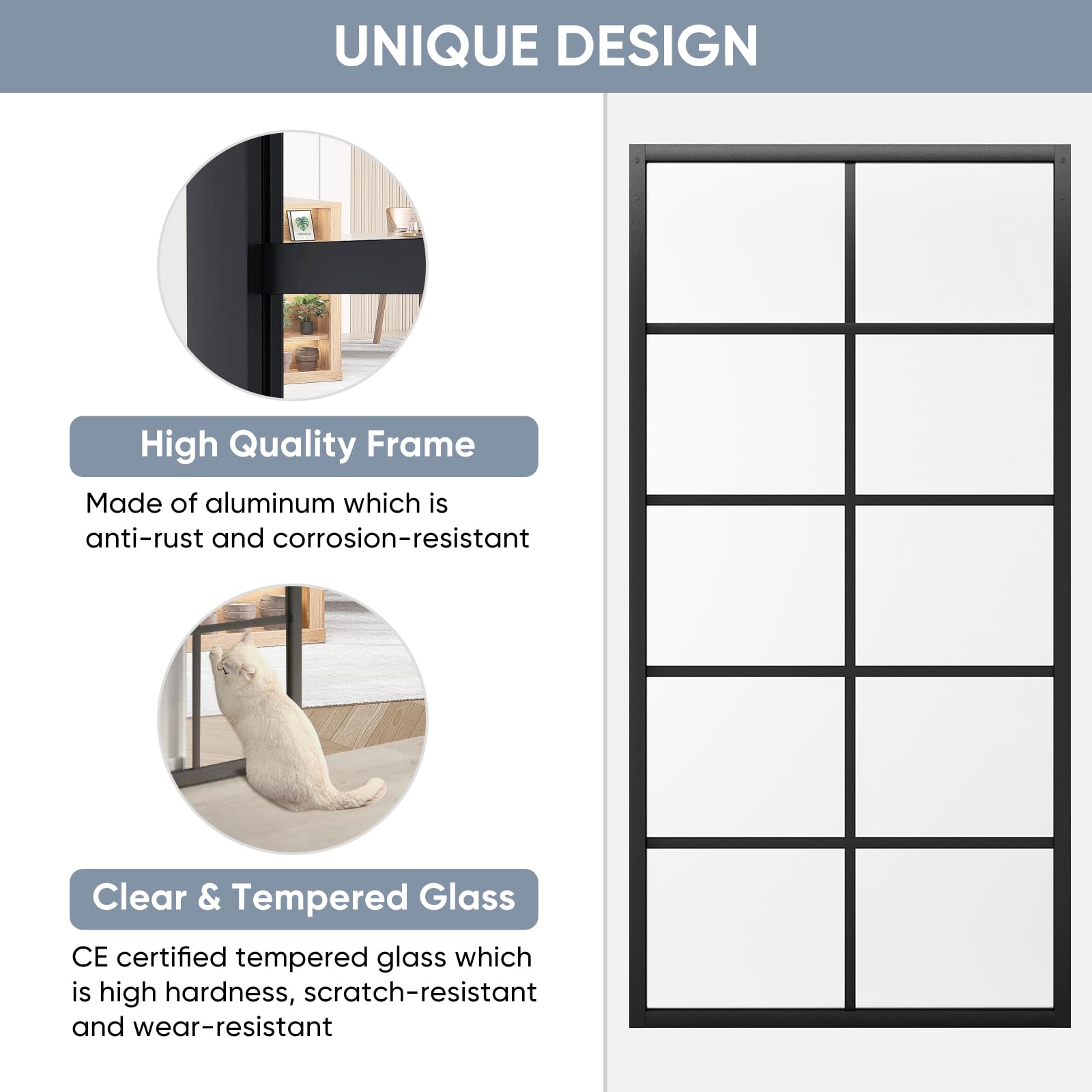 JUBEST Double Barn Door 84 x 84 in with 14FT Hardware Kit, 2 Sets of 42x84 in Clear Tempered Glass Aluminum Frame Barn Door,Pocket Interior Door, Easy Assembly,Black Top-Mounted Hardware