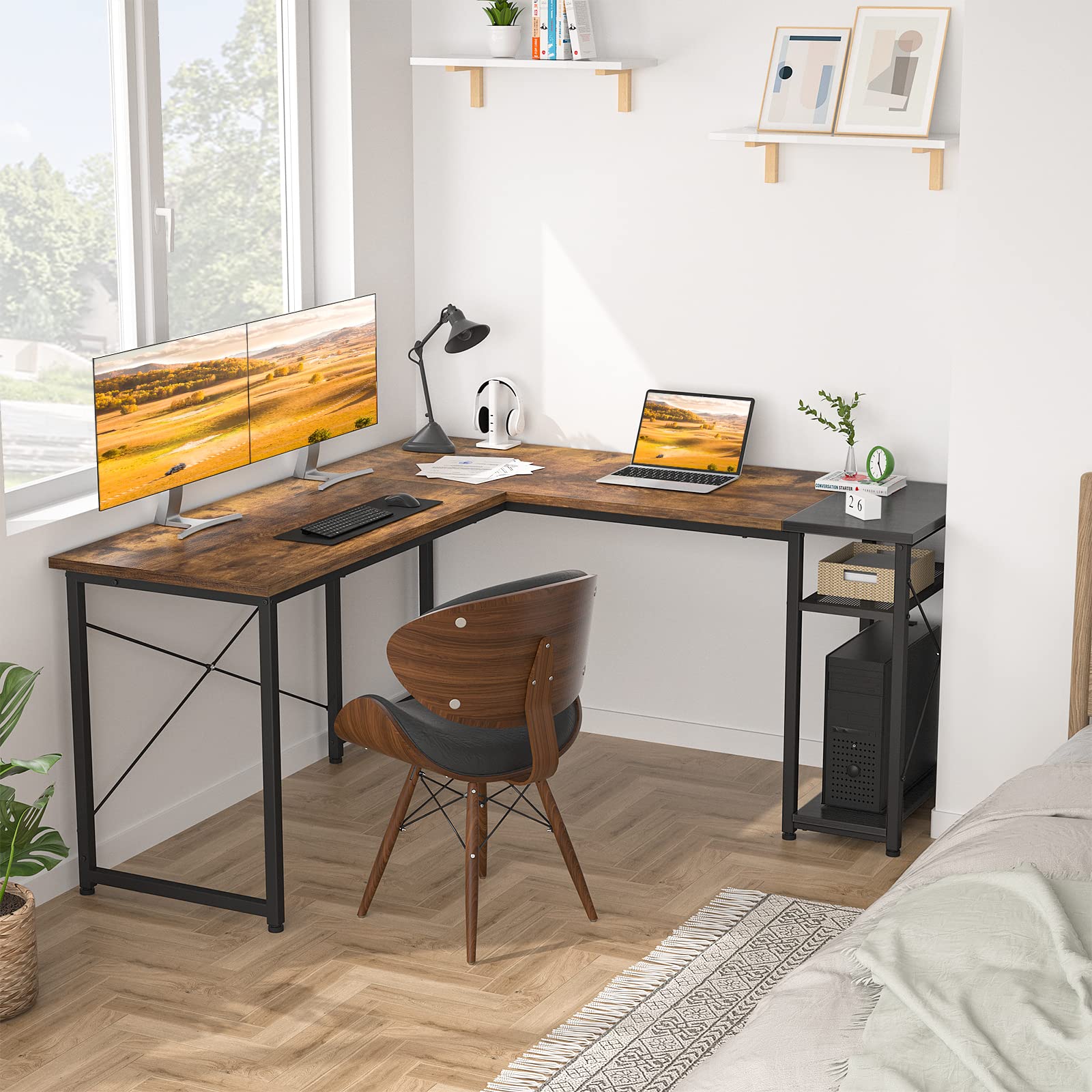 Ecoprsio L-Shaped Desk Large L Shaped Gaming Desk with Storage Shelves Industrial Corner Desk Writing Study Table for Home Office Gaming Workstation, Rustic Brown and Black