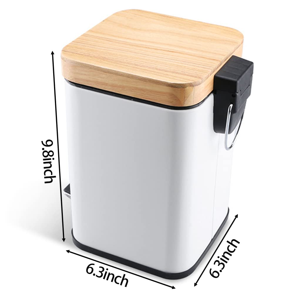 Aupekro Mini Bathroom Trash Can with Bamboo Lid Soft Close, 0.8 Gal / 3 L Square Step Garbage Container Bin with Removable Inner Wastebasket for Bedroom, Kitchen, Office (White)