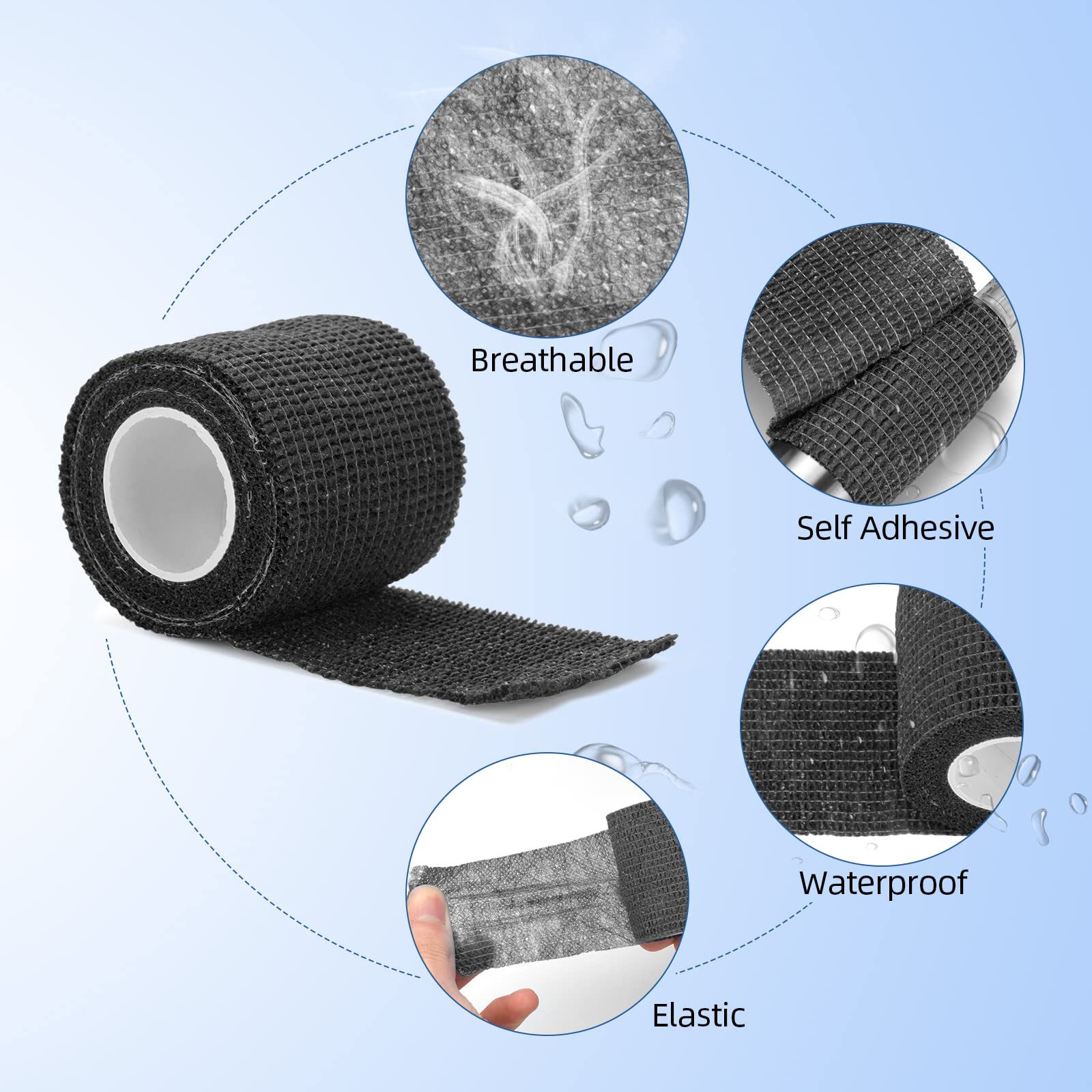 BAMTTOO 10 Pack Self Adhesive Bandage Wrap Black 2" X 5 Yards Black Athletic Tape Tattoo Grip Tape Wrap Ankle Tape Cohesive Bandage Wrap