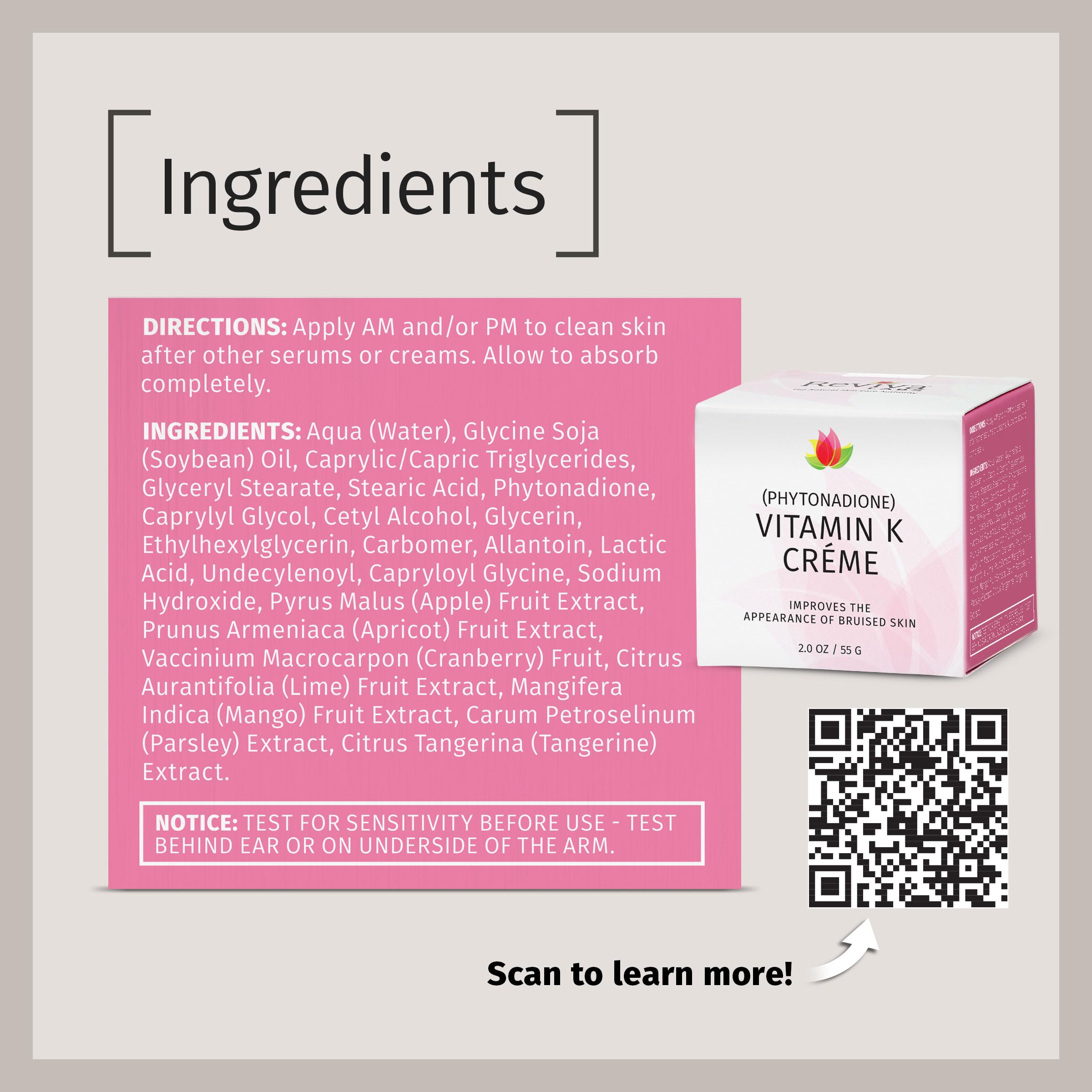 Reviva Labs Vitamin K Crème for Bruising, Under-Eye Dark Circles, and Wrinkles with Soybean Oil and Natural Fruit Extracts - 2 Oz, for Skin and Face