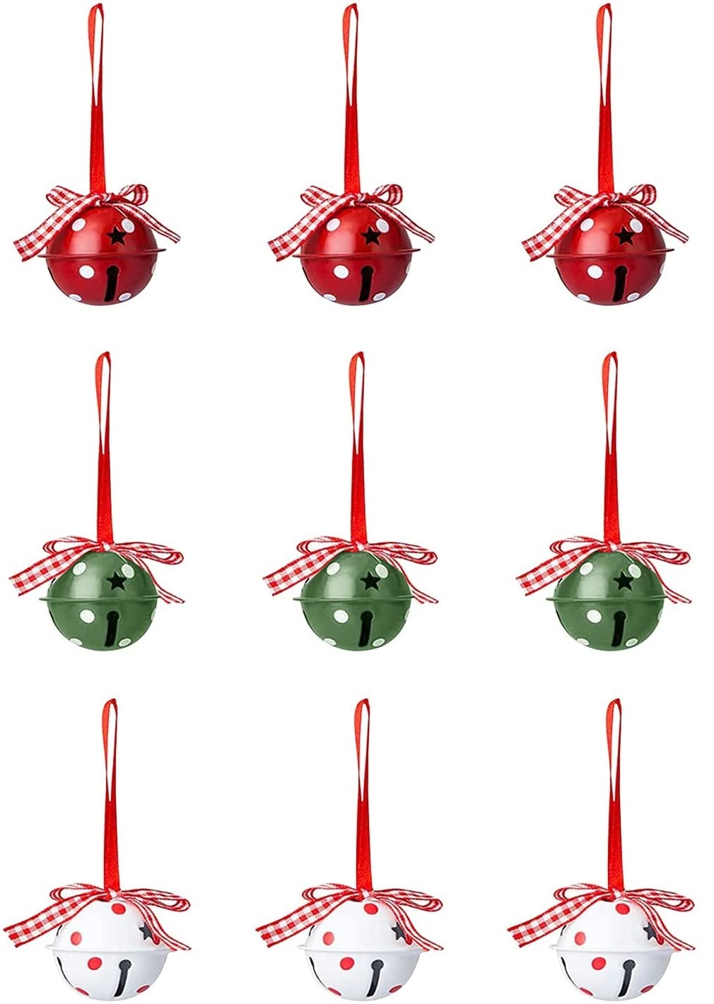 dongye 9 PCS Christmas Bells, Christmas Jingle Bell,Christmas Tree Bells Pendant,Christmas Holiday Party Supplies Craft Bells with Star Cutouts, Red & White & Green Home Garden Christmas Tree Decor