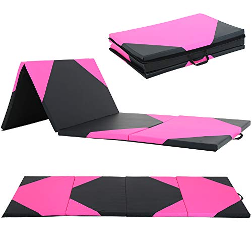 Dkeli Thick Fitness Gymnastics Exercise Mat 4 Folding Tumbling Mat for Kids Anti-Sweat Easy to Clean Indoor/Outdoor Yoga Mat Lightweight Home Gym Mat Carrying Handles,4x10x2