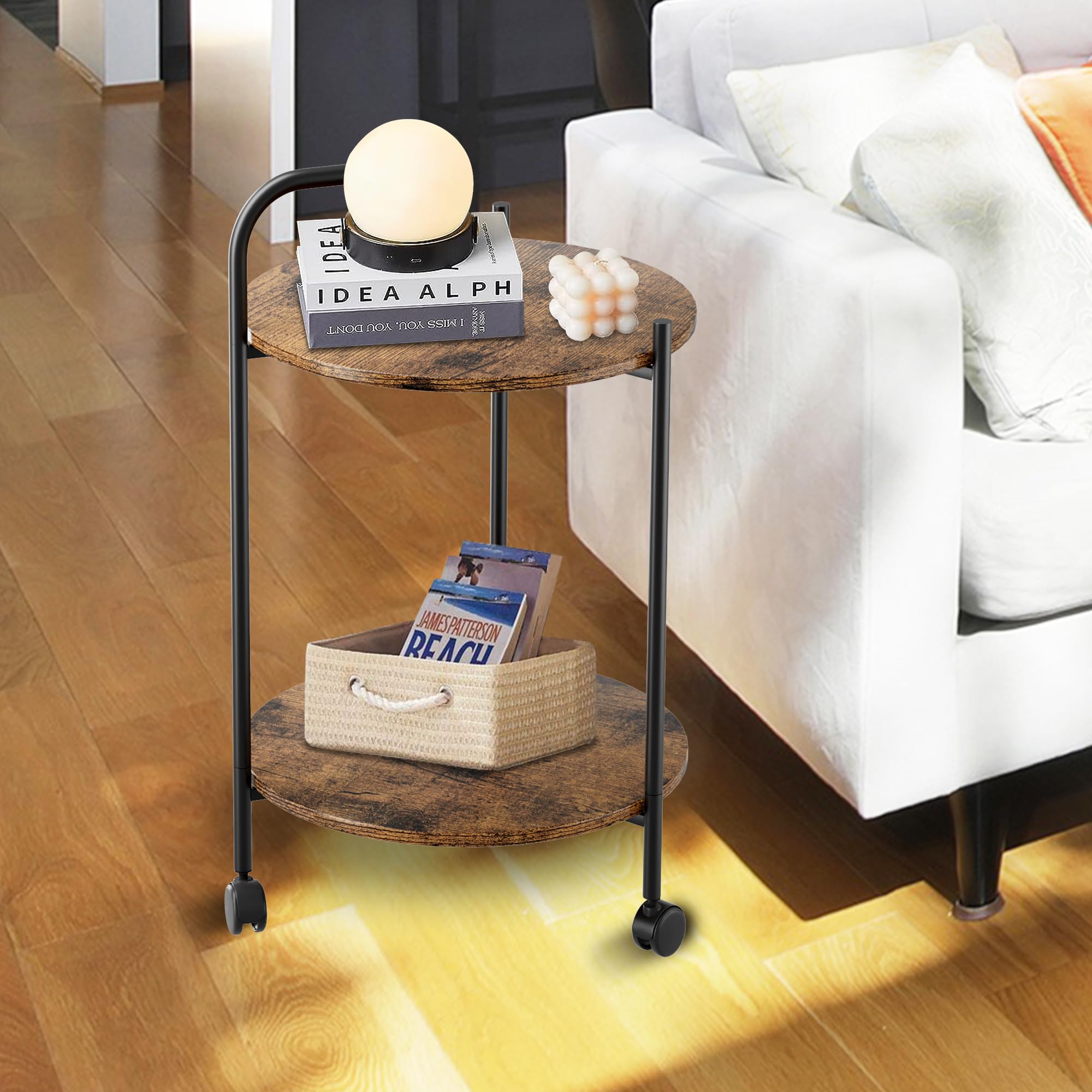 Bavelye 2-Tier Round Side Table, Modern Wooden Small Sofa Coffee End Tables Indoor Outdoor with Lockable Wheels Portable Bedside Table for Living Room, Kitchen,Dark Brown.