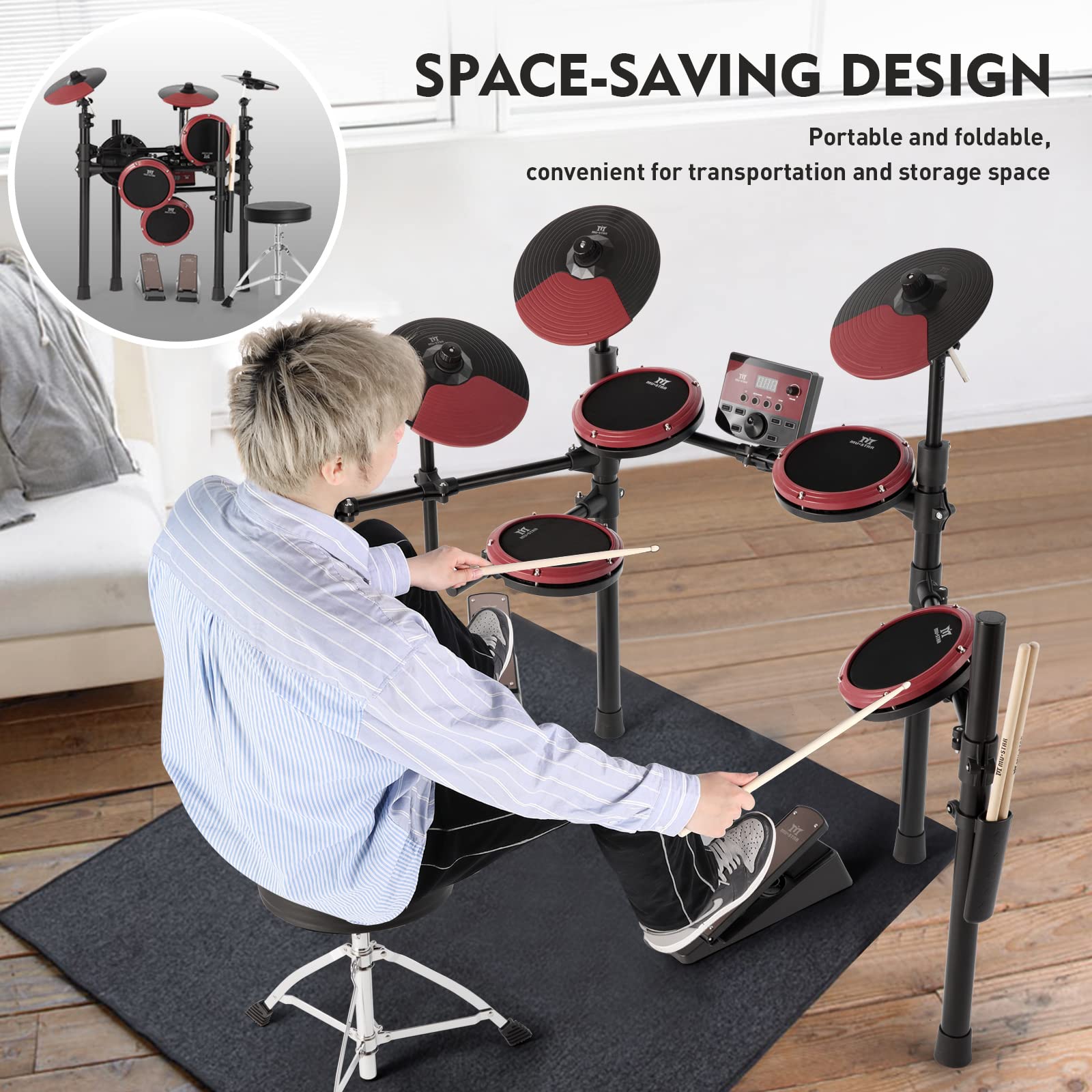 MUSTAR Electronic Drum Set, 10 Piece Electric Drum Set with 225 Sounds, 8" Dual Zone Snare, 8" Silicone Tom Pads, 10" Cymbals, Kick Drum, 2 Pedals, Sticks, USB MIDI, 15 Drum Kits (5 Pads, 3 Cymbals)