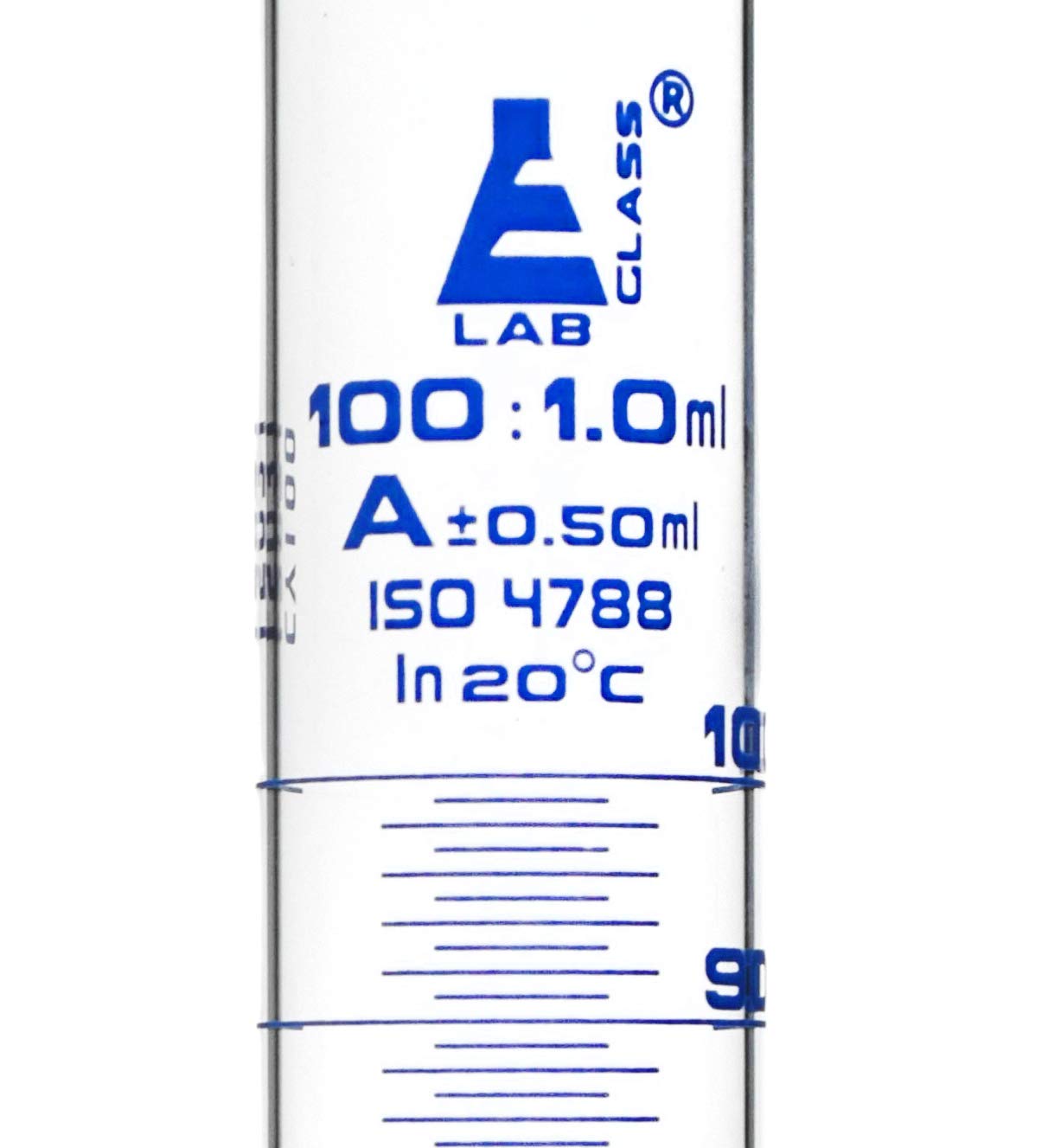 EISCO Graduated Cylinder, 100ml - Class A Tolerance ±0.50ml - Hexagonal Base - Blue Graduations - Borosilicate 3.3 Glass